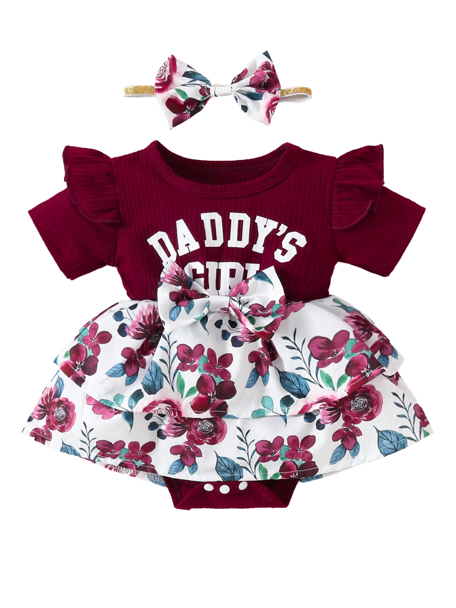 WERNZATT Infant Baby Girls Summer Romper Dress with Bow Headband Letter Floral Print Short ...