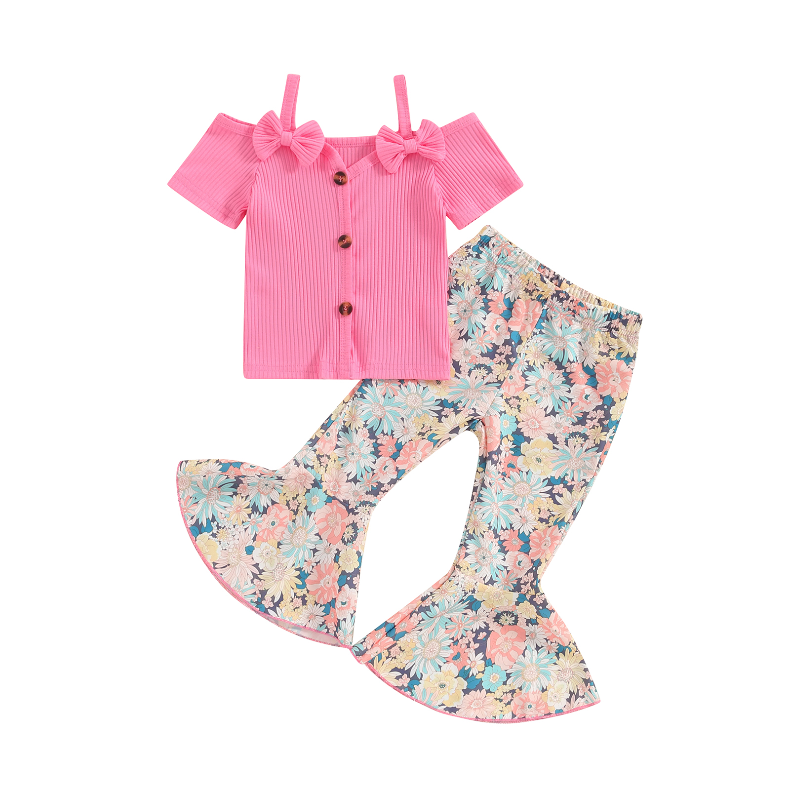 WERNZATT Kid Toddler Girls Summer Pants Set, Short Sleeve Bow T-shirt with Flower Print Flare ...