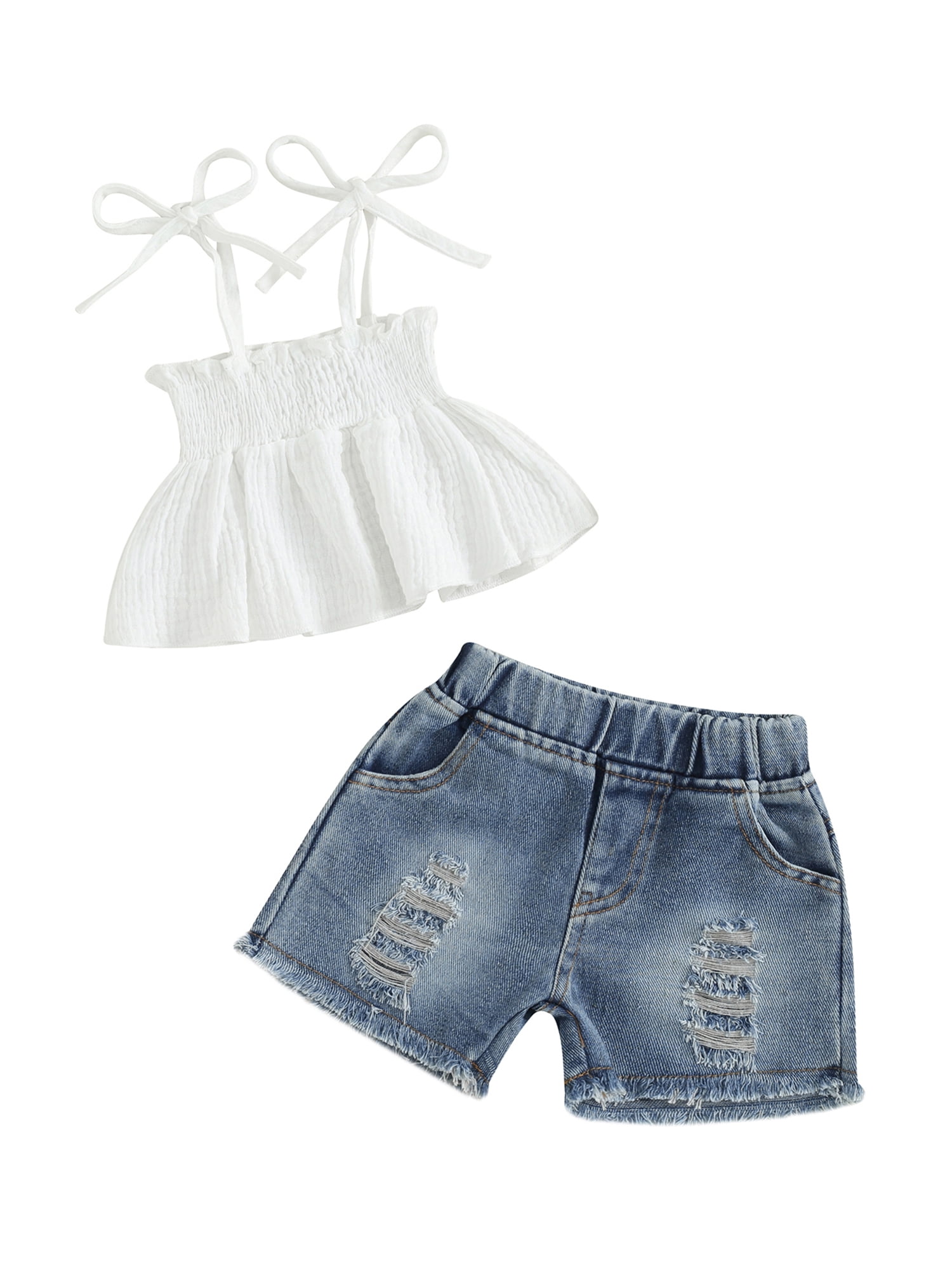 WERNZATT Kids Girls Summer 2-piece Outfit Tie-up Pleated Camisole with ...