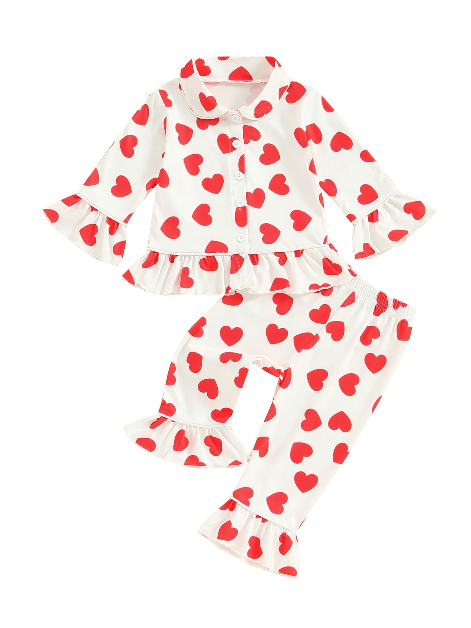 WERNZATT Kids Girls Valentine Pajamas Sets Heart Print Ruffled Button ...