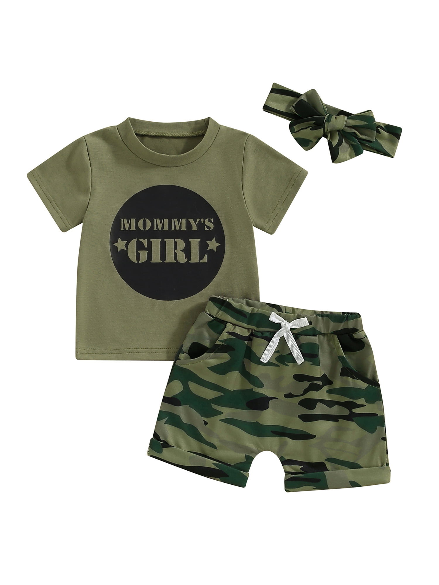 WERNZATT Little Baby Girl Summer Clothes Set Short Sleeve Letter Print Tops with Camouflage ...