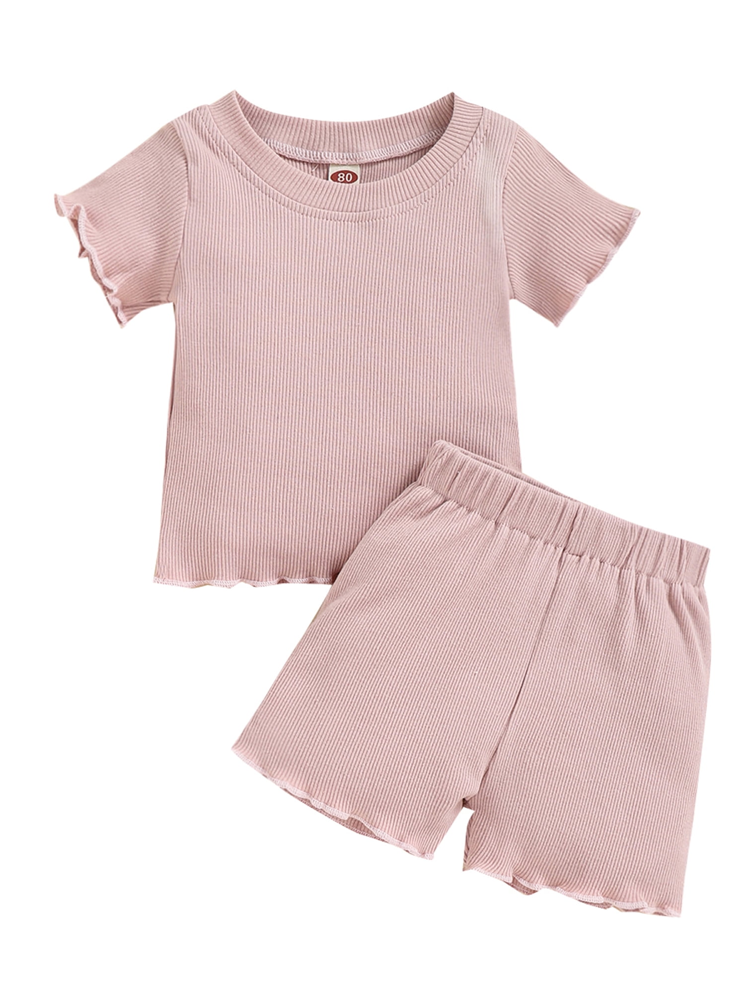 WERNZATT Little Girl´s Two Pieces Summer Clothes Set, Round Neck Short Sleeve Ribbed Solid Color ...