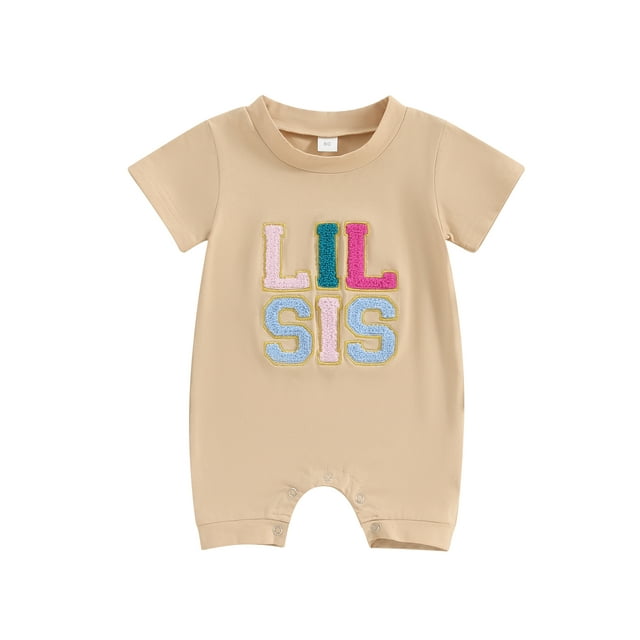WERNZATT Little Sister Baby Girl One Piece Jumpsuit Short Sleeve Round Neck Letter Embroidery ...