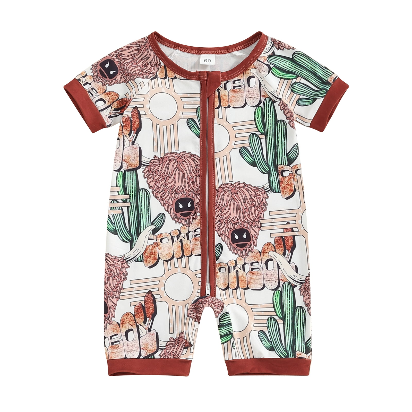 WERNZATT Newborn Baby Boys Girls Western Romper Casual Short Sleeve Round Neck Cow Cactus Print ...