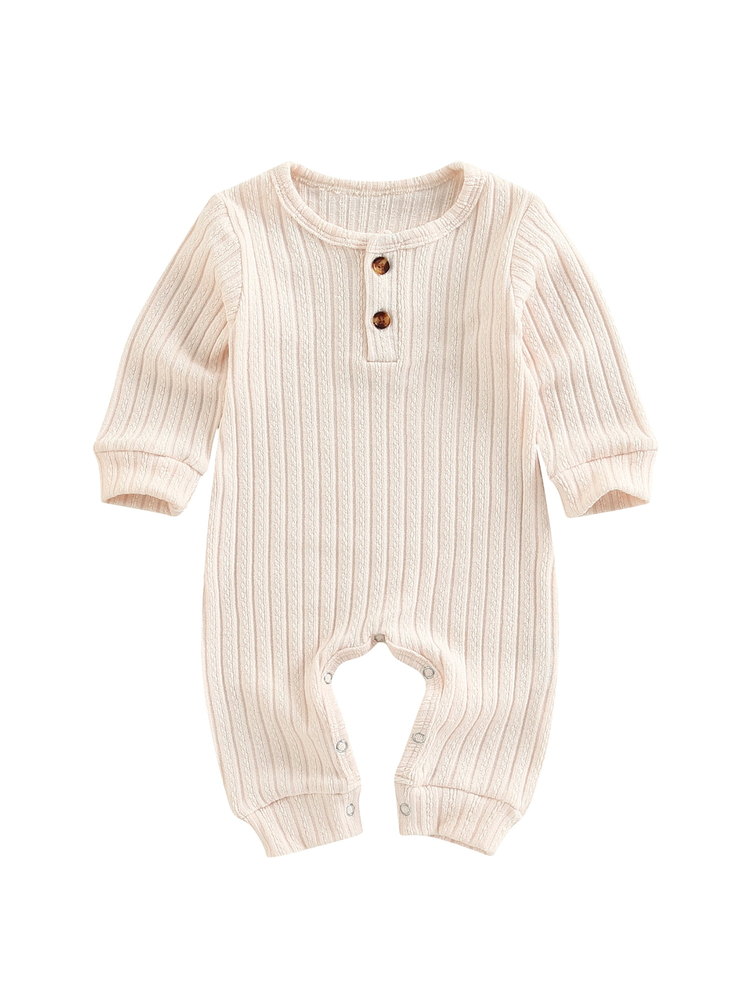 WERNZATT Newborn Baby Girl Boy Rompers Solid Color Knit Casual Button Crew Neck Long Sleeve ...