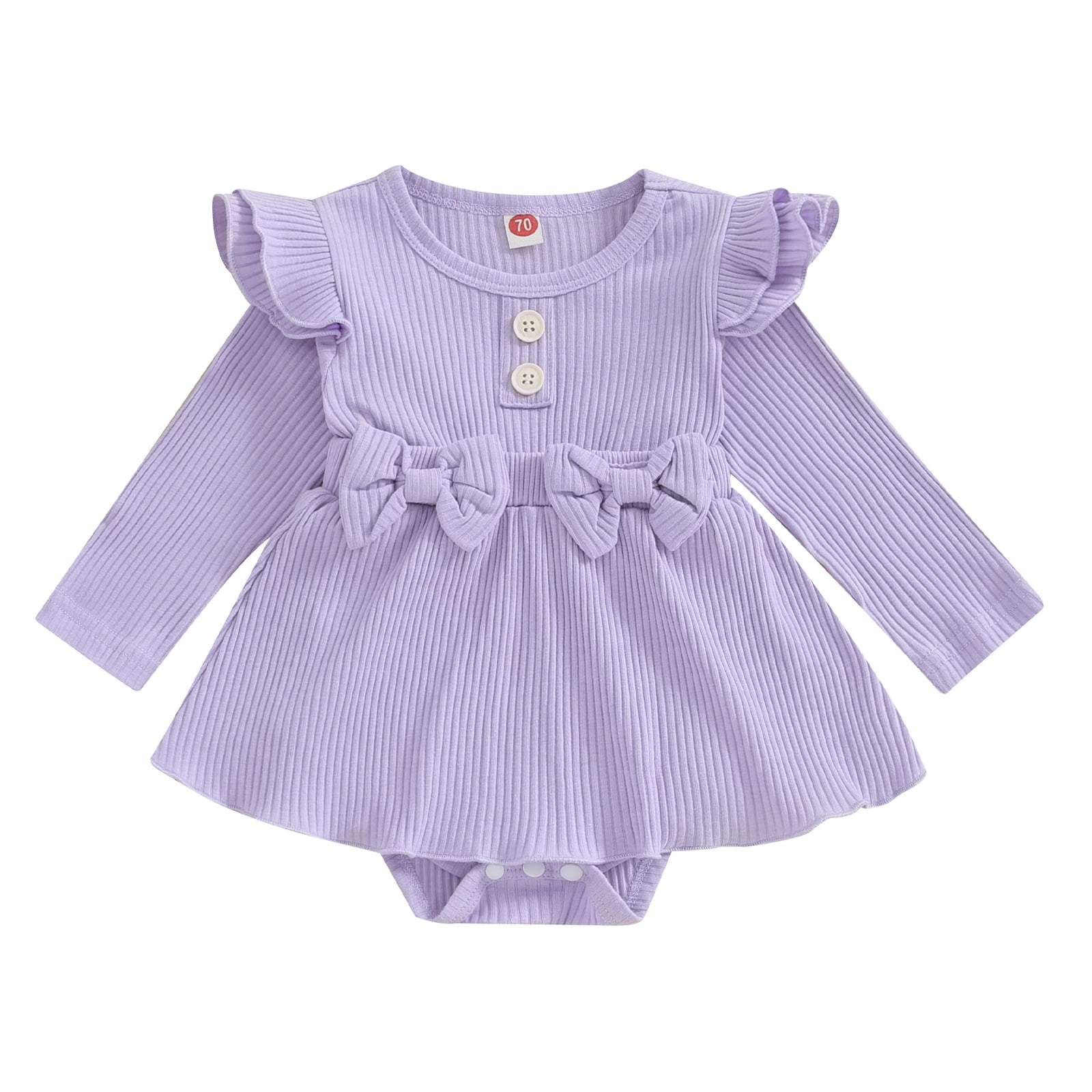 WERNZATT Newborn Baby Girl Clothes Ribbed Romper Dress Solid Ruffle Long Sleeve Bodysuit ...