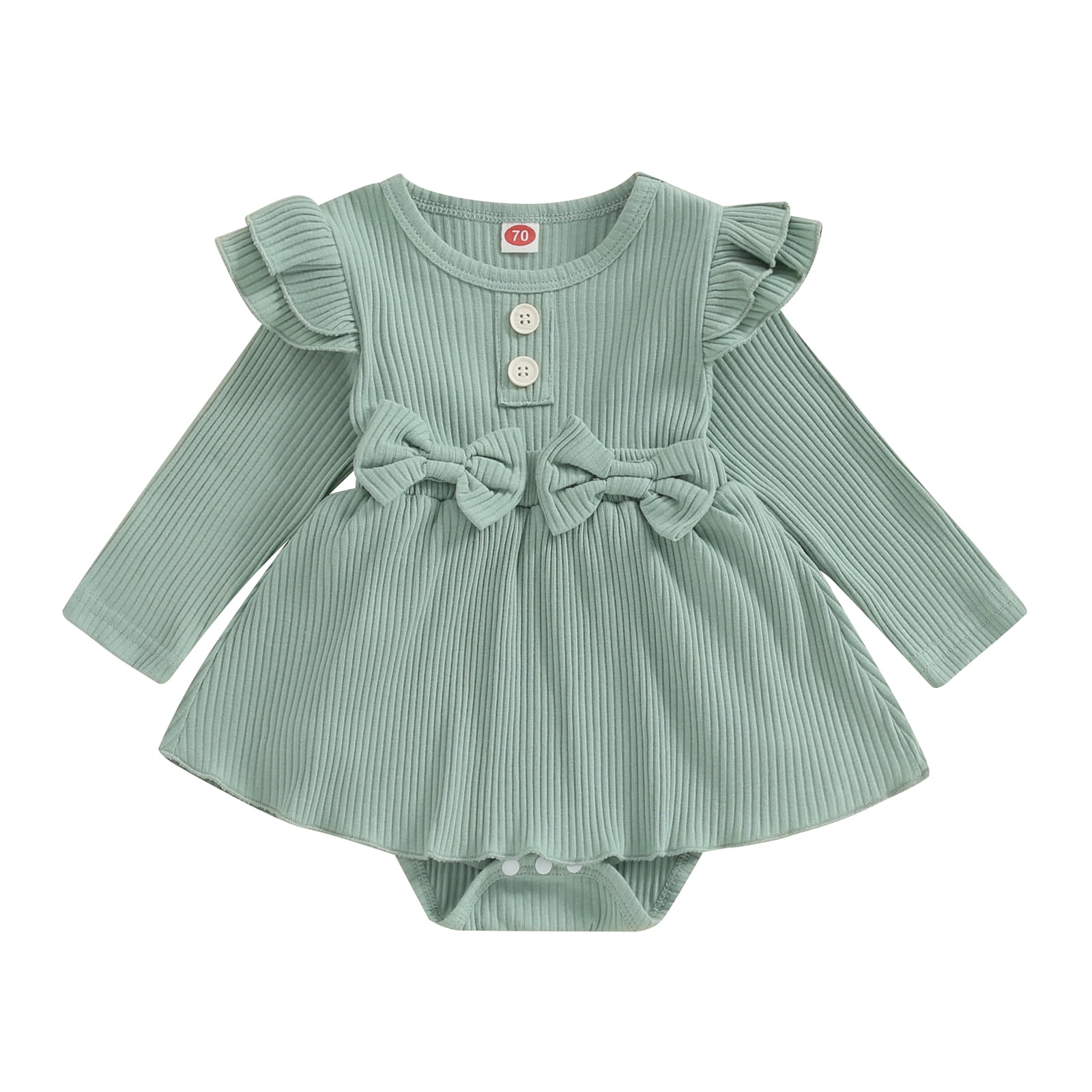 WERNZATT Newborn Baby Girl Clothes Ribbed Romper Dress Solid Ruffle Long Sleeve Bodysuit ...