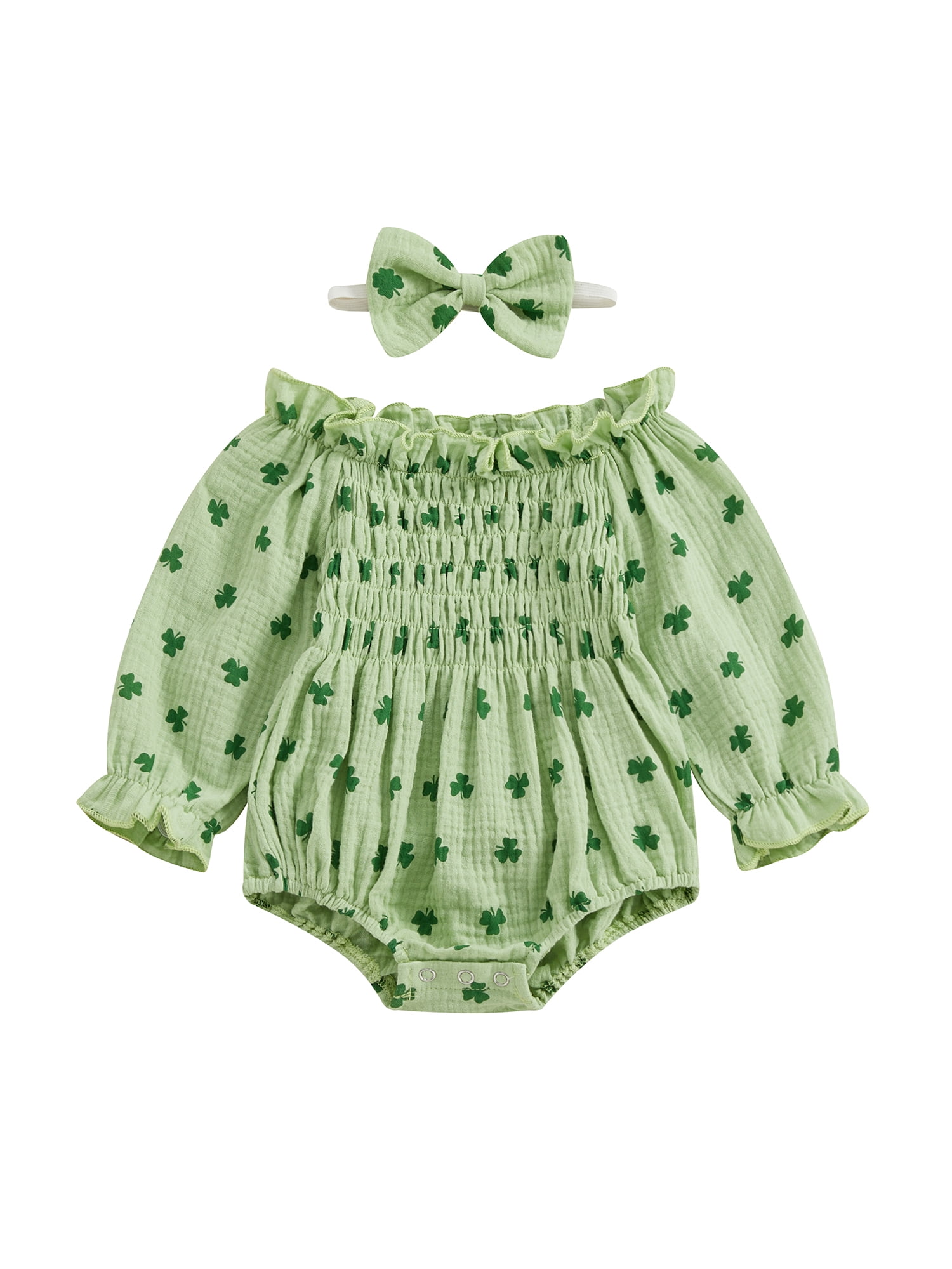 WERNZATT Newborn Baby Girl Irish Outfit, Long Sleeve Off-shoulder Shamrock Print Romper with ...