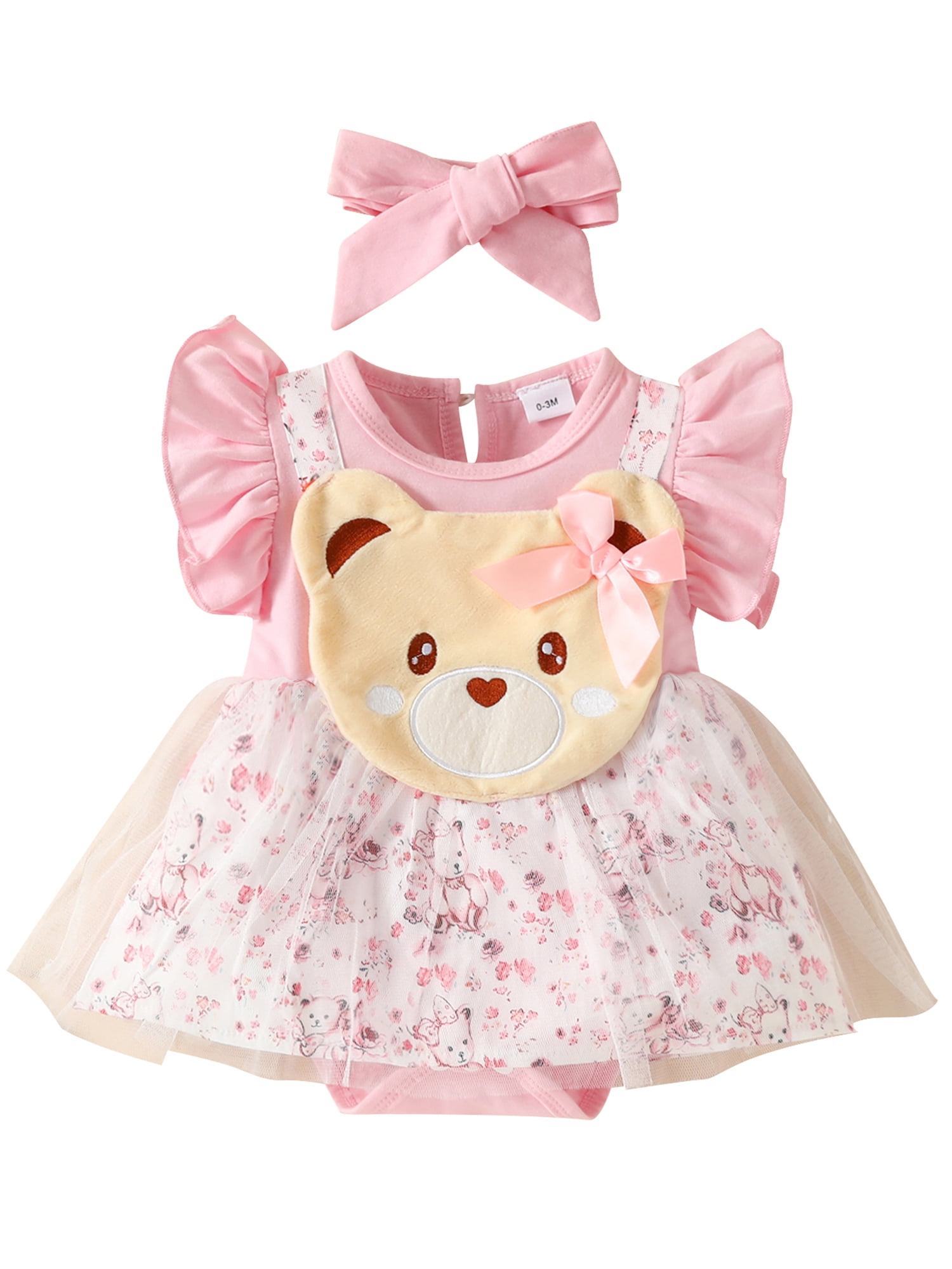 WERNZATT Summer Baby Girls Rompers Dress Floral Print Bear Patch Fly Sleeve Mesh Tulle Skirt Hem ...