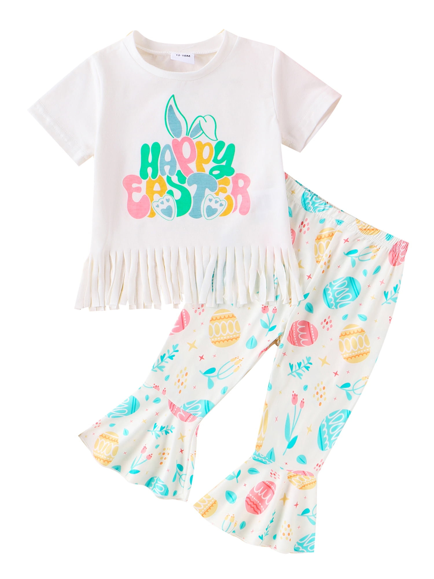 WERNZATT Toddler Girls Easter Outfit Short Sleeve Letter Bunny Print T-shirt Egg Print Flared ...