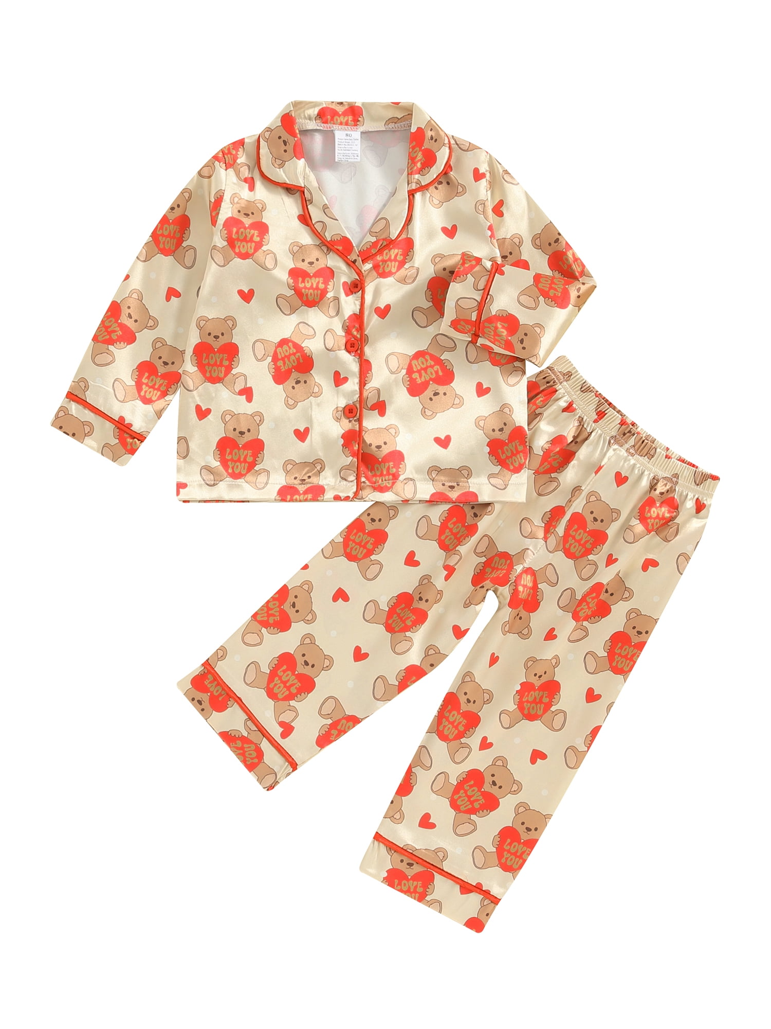 WERNZATT Valentine's Day Little Girls Satin Pajama Sets Long Sleeve Lapel Button Up Shirt Heart ...