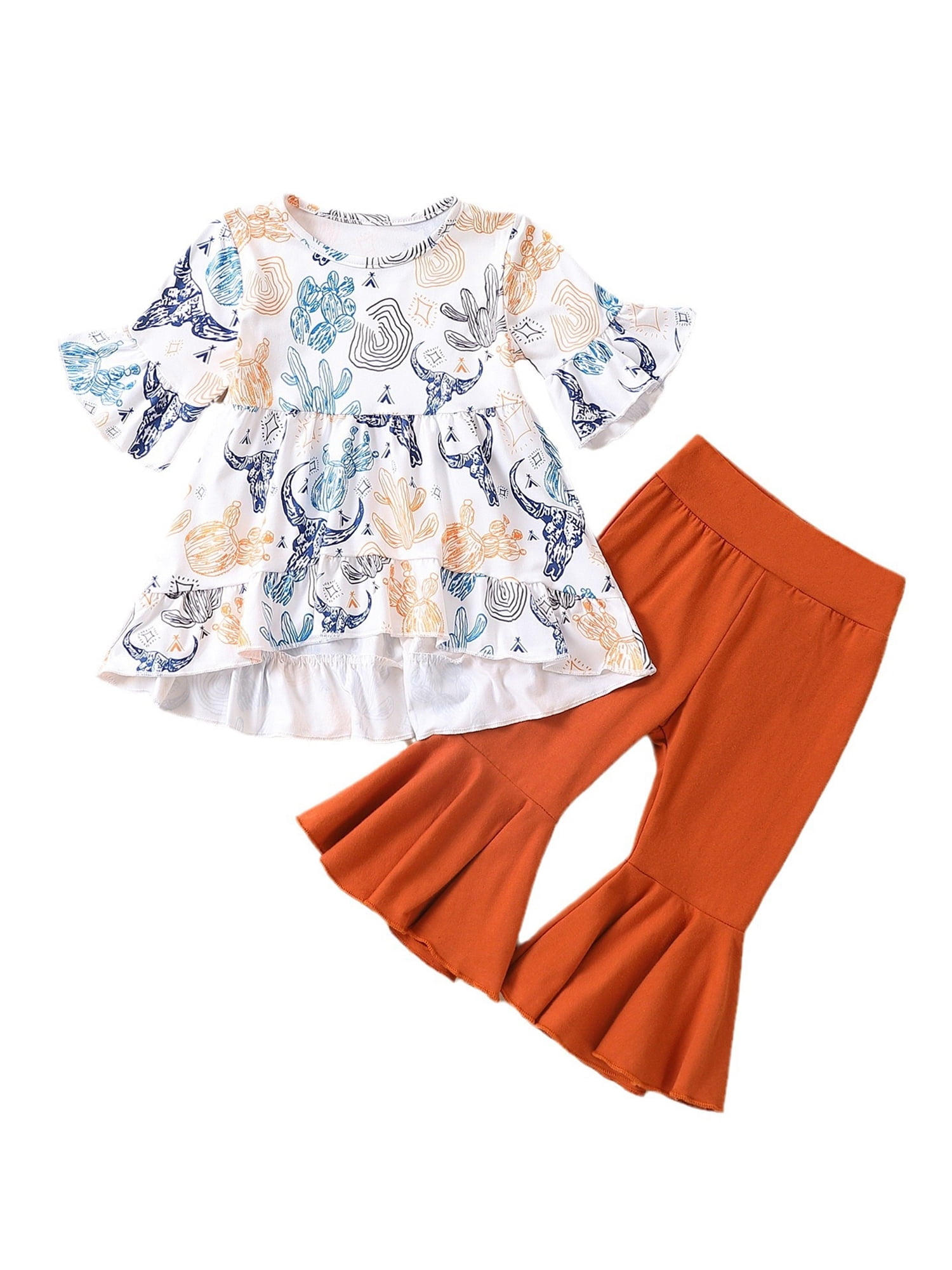 WERNZATT Western Toddler Girl Summer Outfits Cow Head Print Crew Neck Short Sleeve Irregular ...