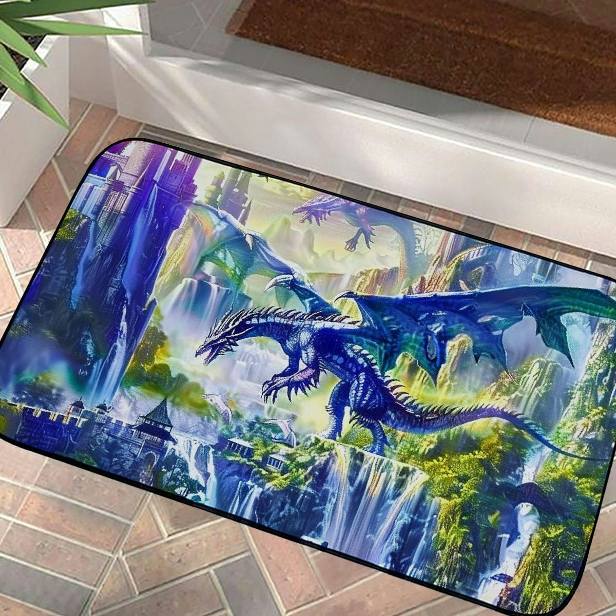 WERPE Dragon Waterfall Fantasy Square Floor Mat - Anti-Slip Felt Mat ...