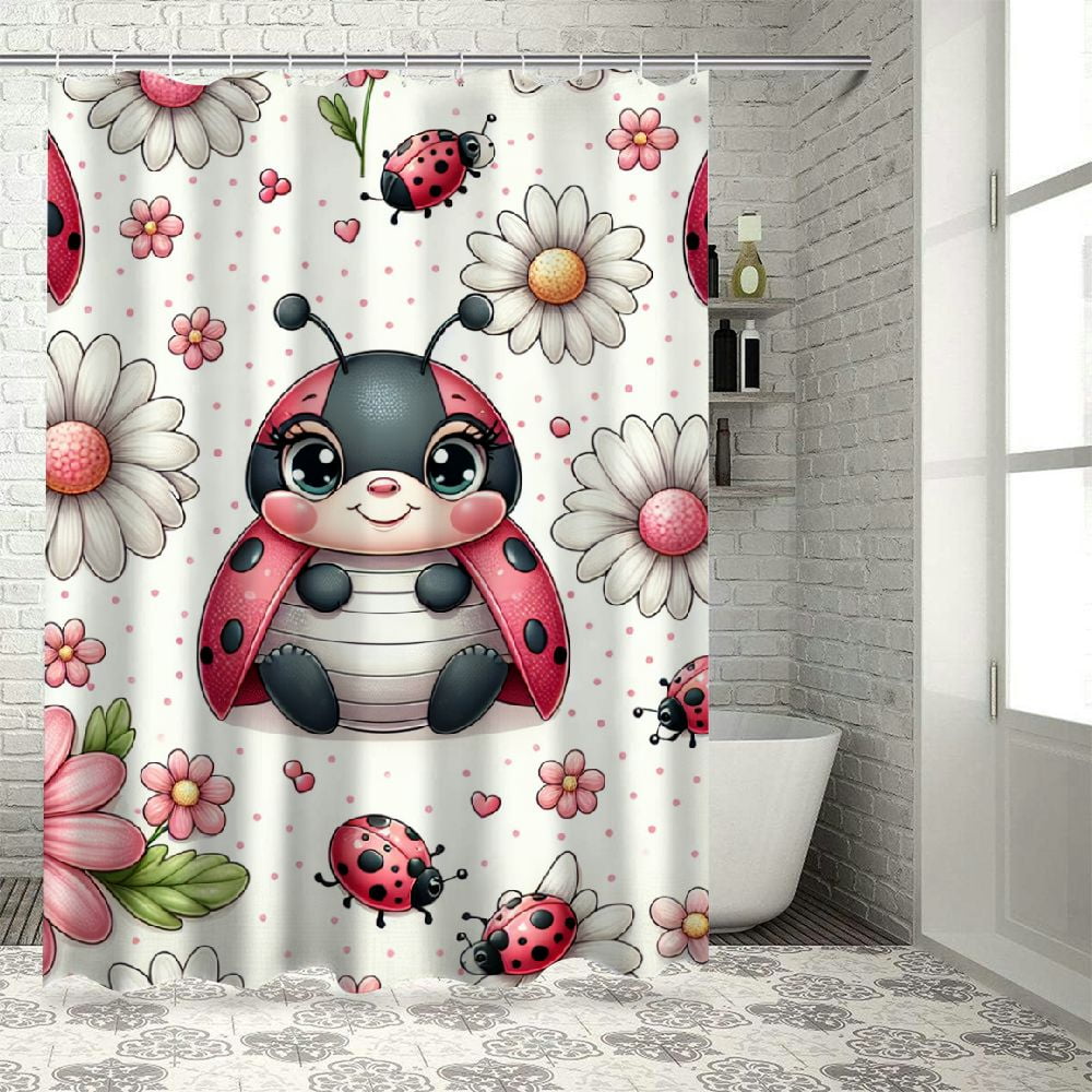 WERPE Shower Curtain Cute Ladybug, Pink Red Daisy Floral Waterproof ...