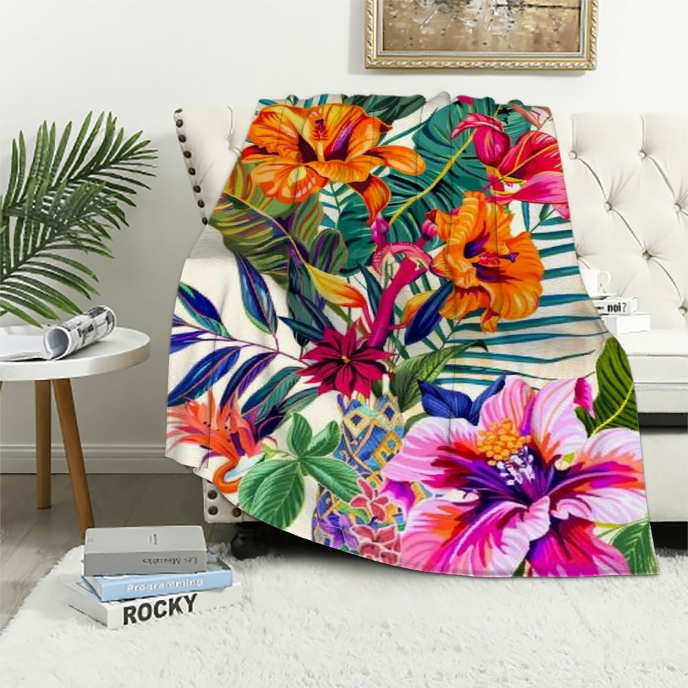 WERPE Tropical Flowers Throw Blanket Beautiful Hibiscus and Palm Retro ...