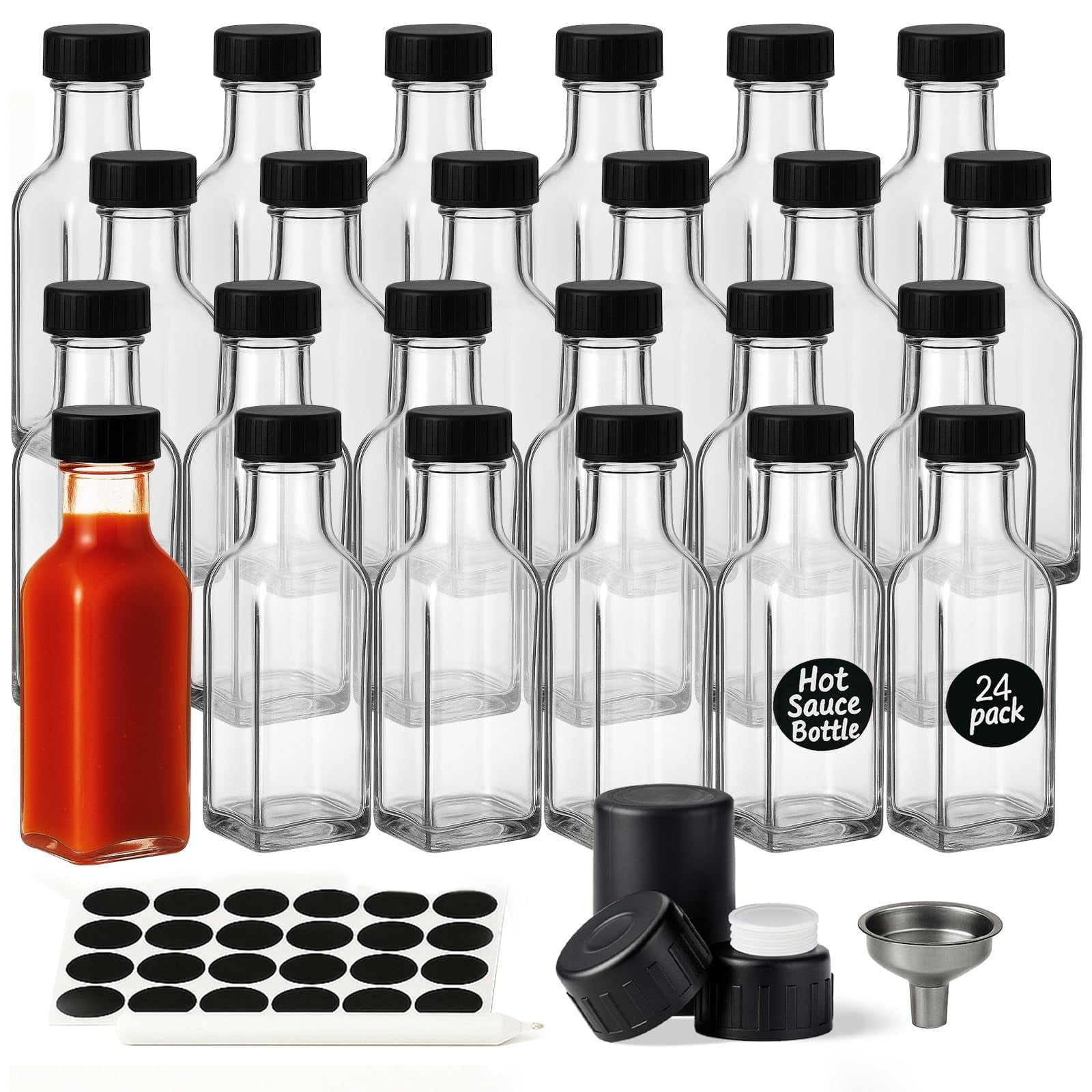 WERTIOO Hot Sauce 24-Pack 5oz Small Glass with Caps - Leakproof Square ...