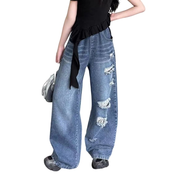 WERYOUNG Distressed Denim Straight Leg Pants For Girls Ripped Casual ...