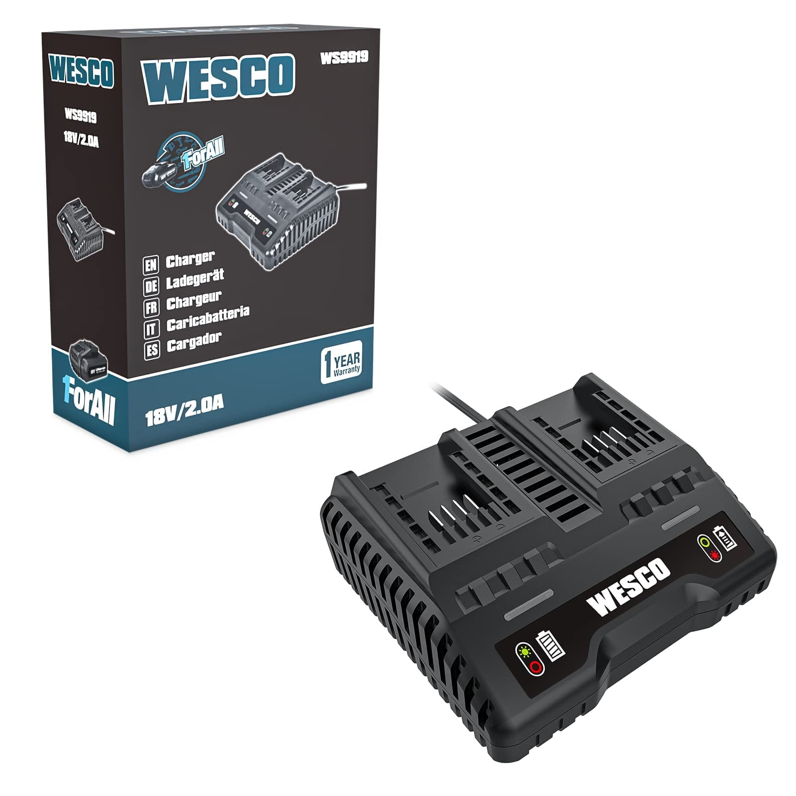 WESCO 2x 18V 2A Dual Port Battery Charger, WS9919, LED Display, Lithium ...