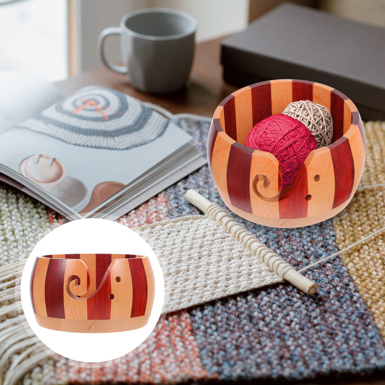 WESIEVYA 1Pack Wood Yarn Storage Bowl Round For Knitting Prevent ...