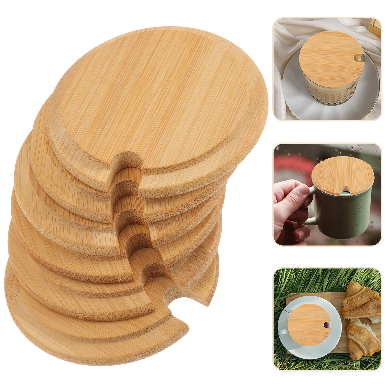 WESIEVYA 6Pcs Cup Covers Bamboo Wood Round Dust-Proof for Mugs and Jars ...