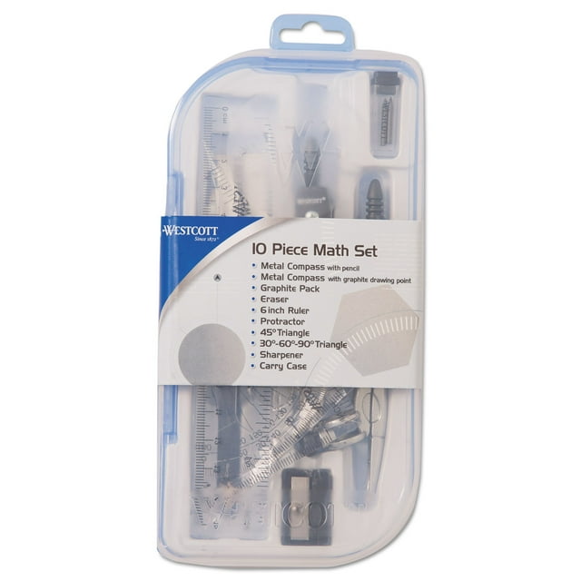 WESTCOTT Ten Piece Math Tool Kit Blue and Gray Tools Hard Plastic Case ...