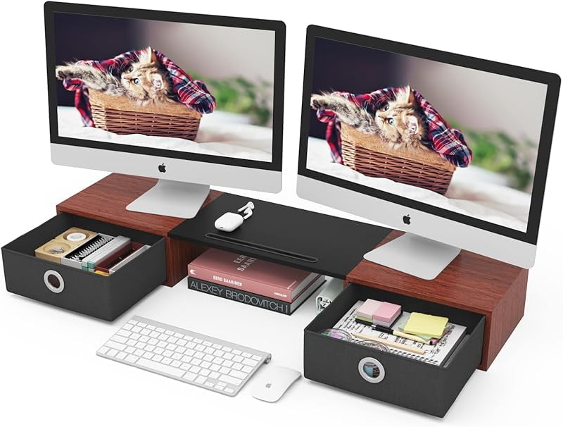 WESTREE Dual Monitor Stand Riser with Two Drawers, Extra Large Storage ...