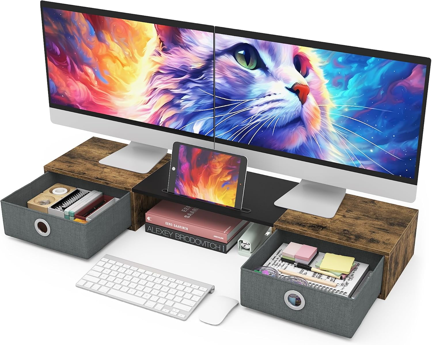 WESTREE Dual Monitor Stand Riser with Two Drawers, Extra Large Storage ...