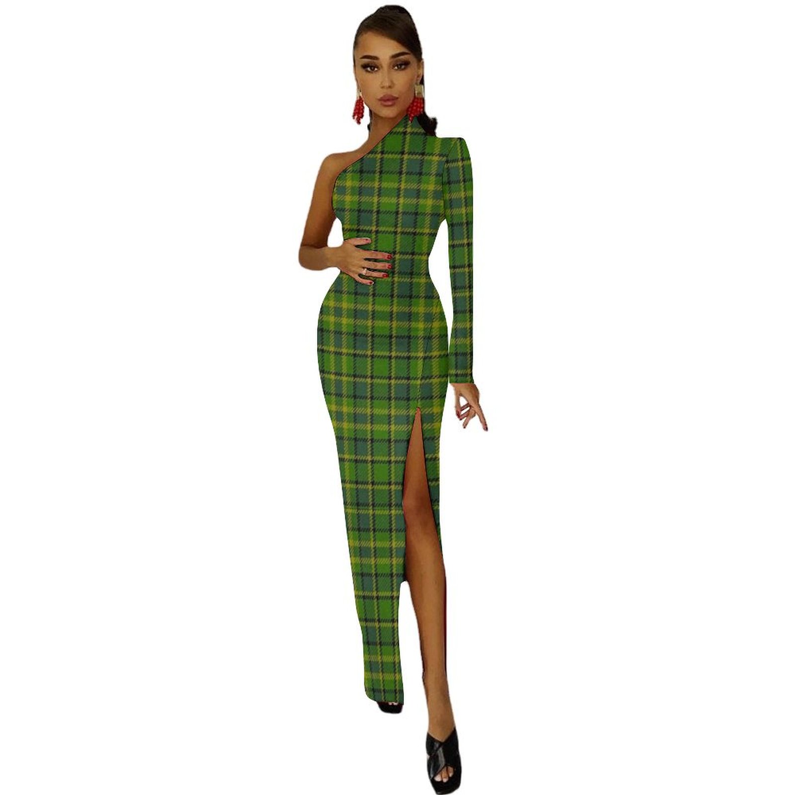 WESTY Plaid Green interior Half Dleeve Split Dress Long dresses elegant ...