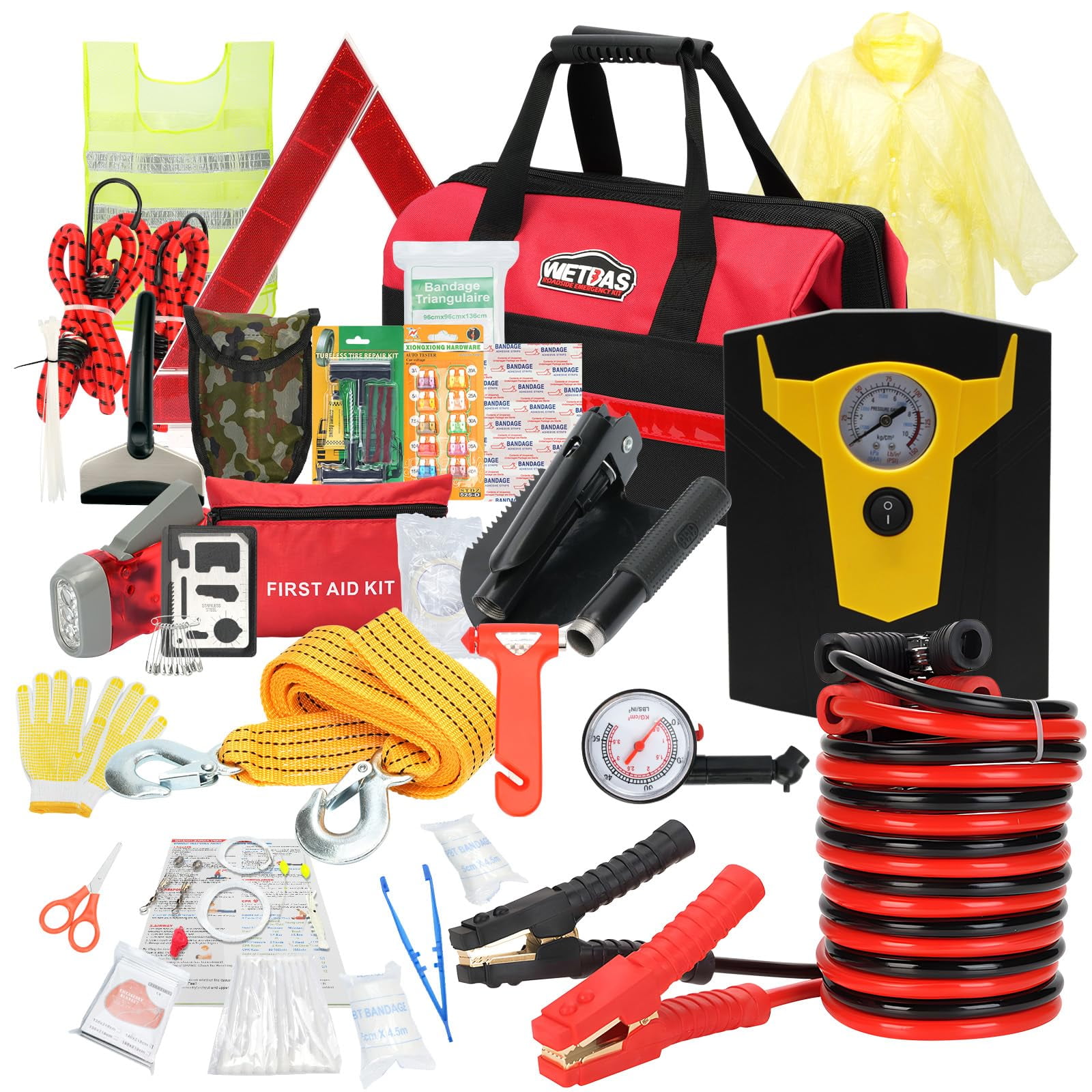 WETBAS Car Roadside Emergency Kit with Jumper Cables, Auto Road Side ...