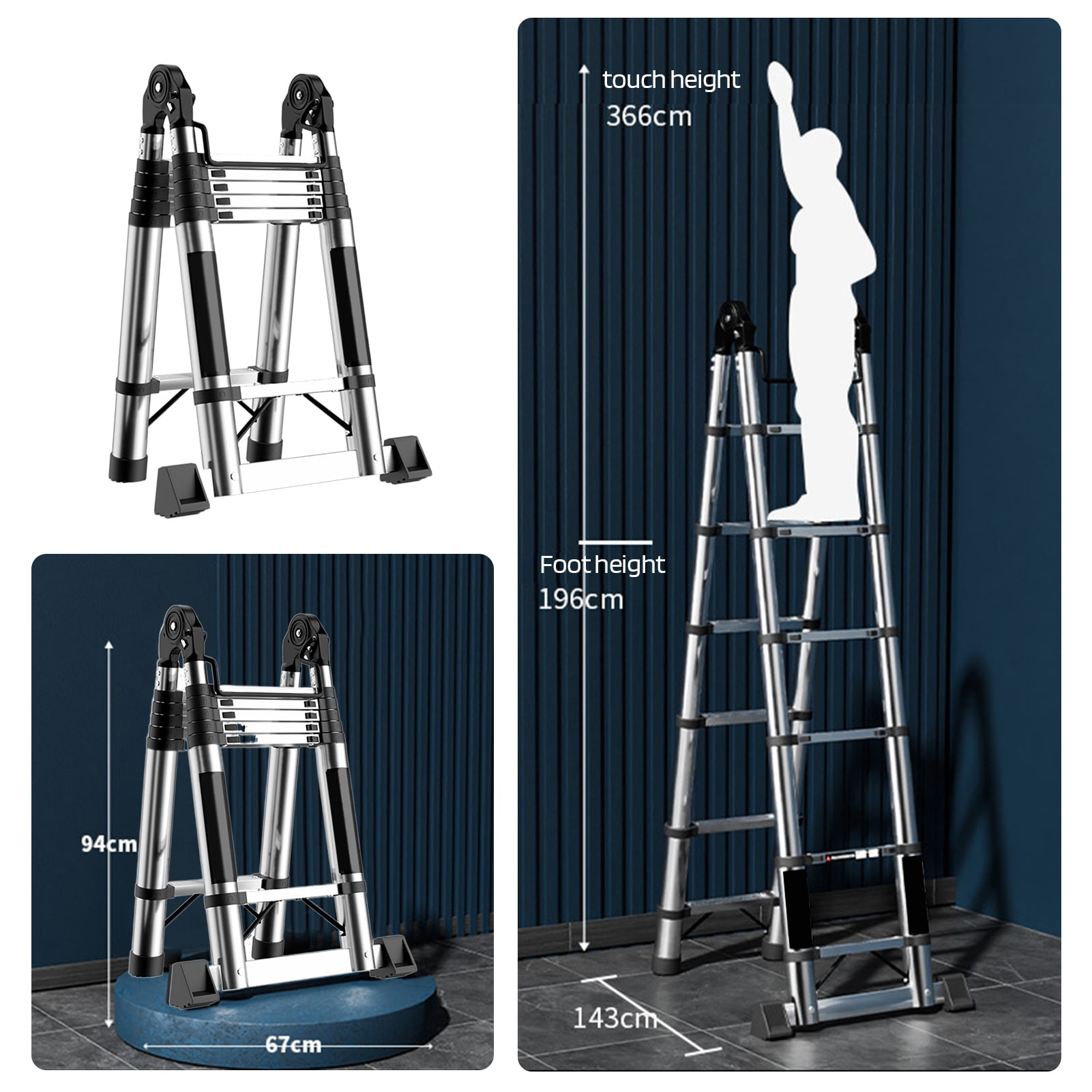 WETS Adjustable Telescoping Ladder A-Frame Ladder with Stabilizer Bar ...