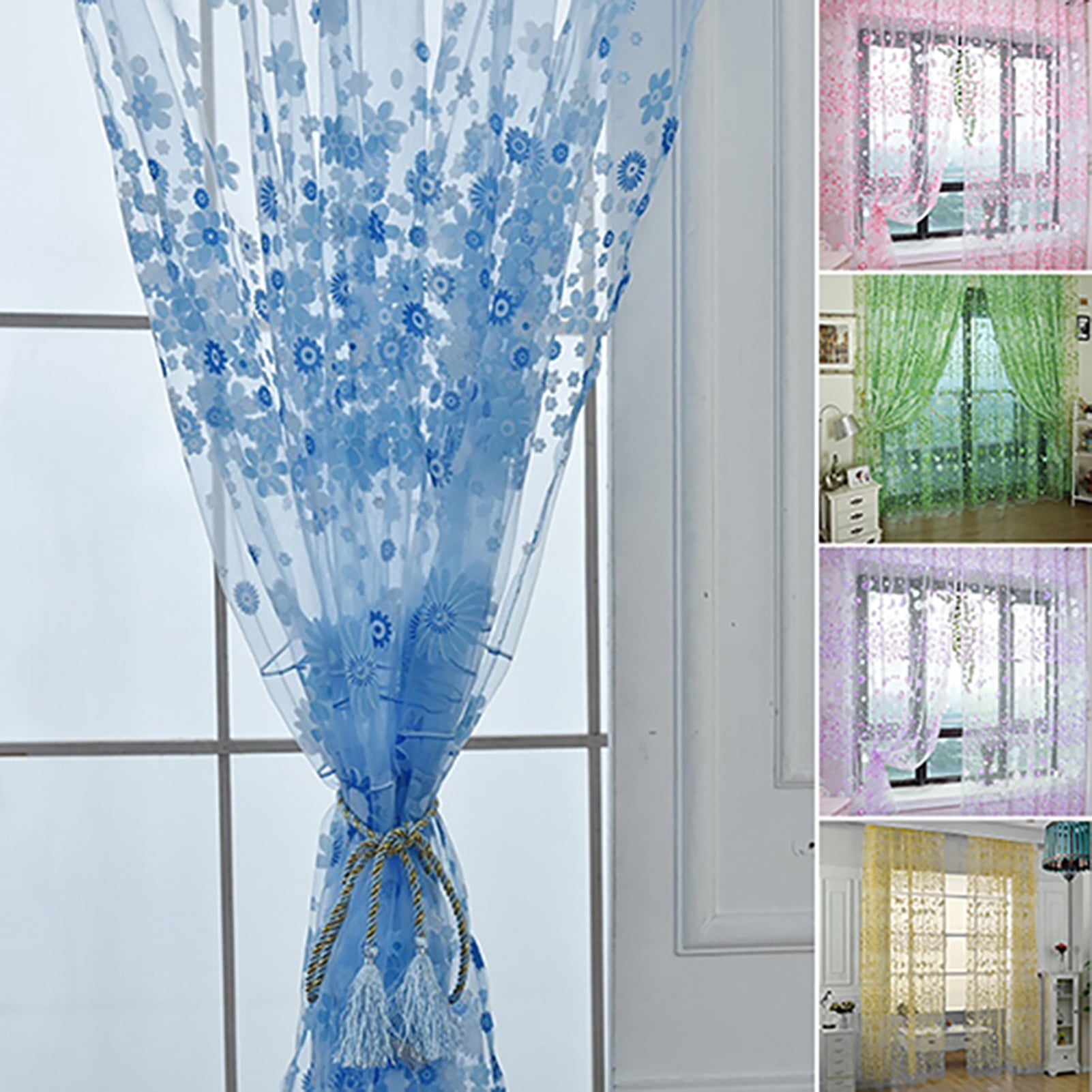 WETS Window Curtain Translucent Floral Pattern Room Decor Pastoral ...