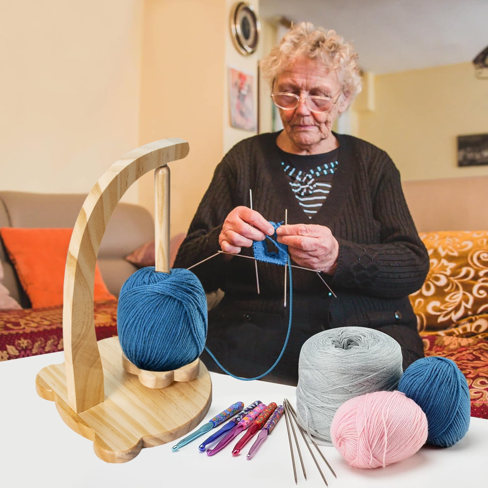 WETS Wood Yarn Holder with Magnetic Attachments Smooth Rotation Holds 320g Wool Easy Assembly ...