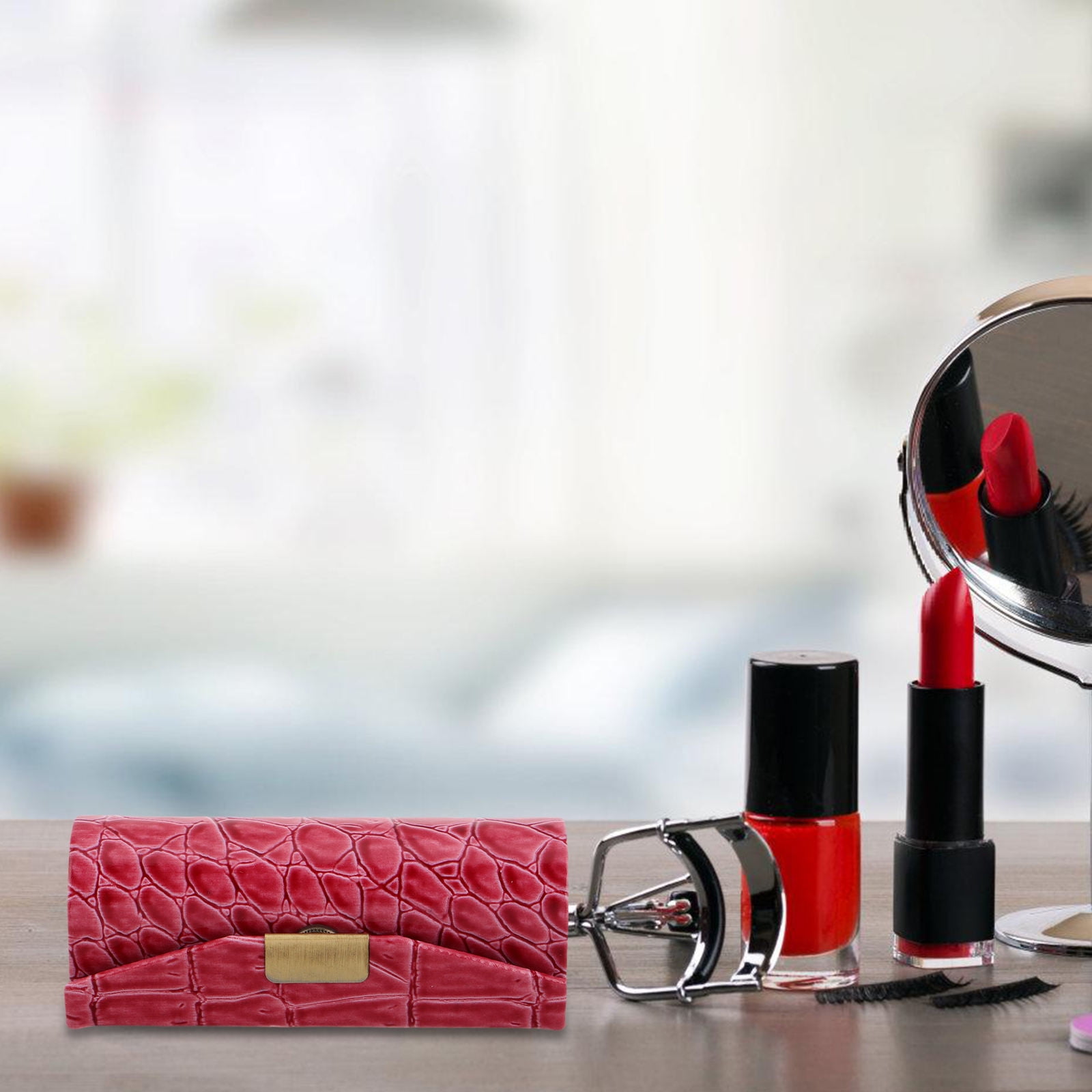 WEUVEB Dark Red PU Lipstick Holder with Mirror Portable Makeup ...