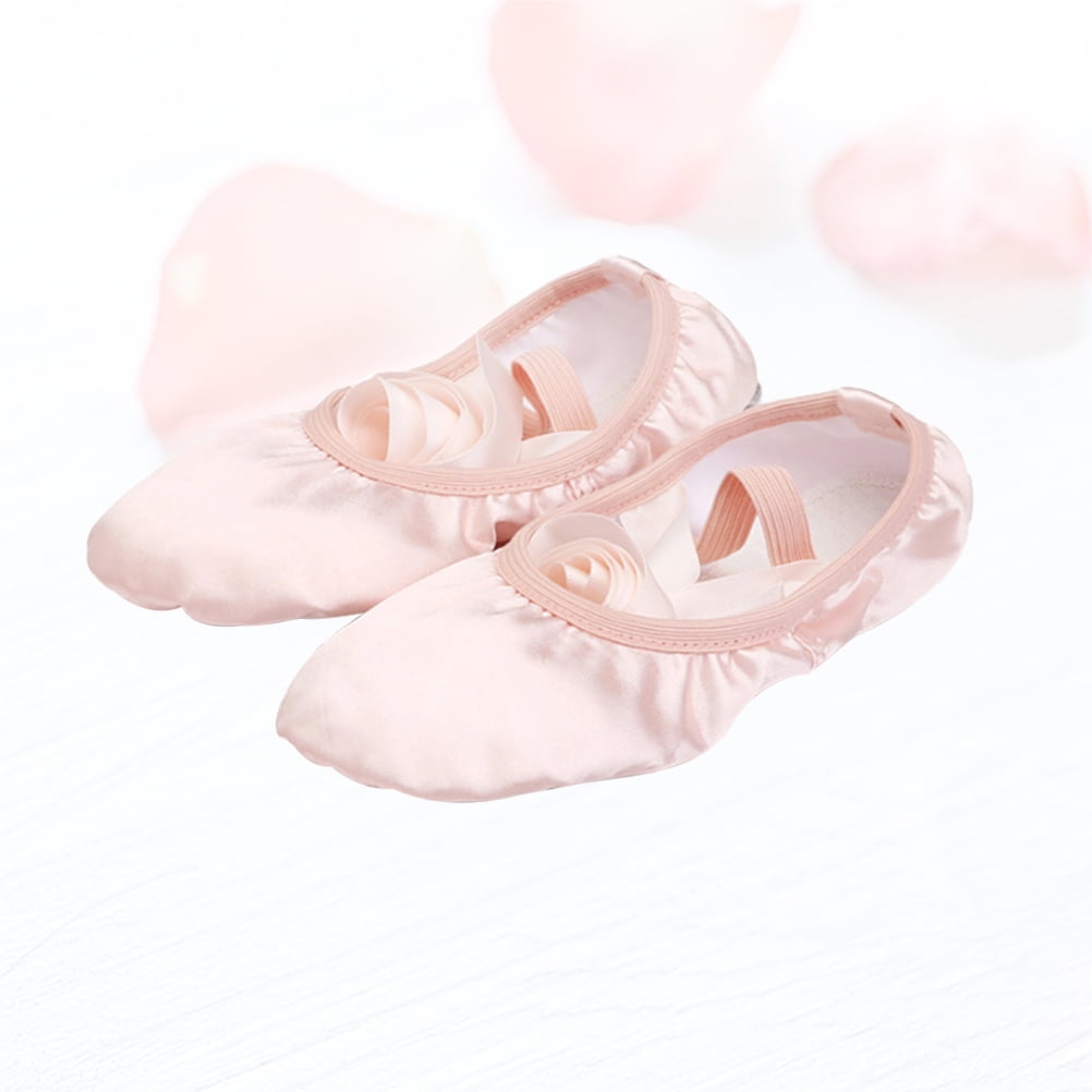 WEUVEB Pink Stretch Satin Ballet Flats with Pre Attached Elastics and ...