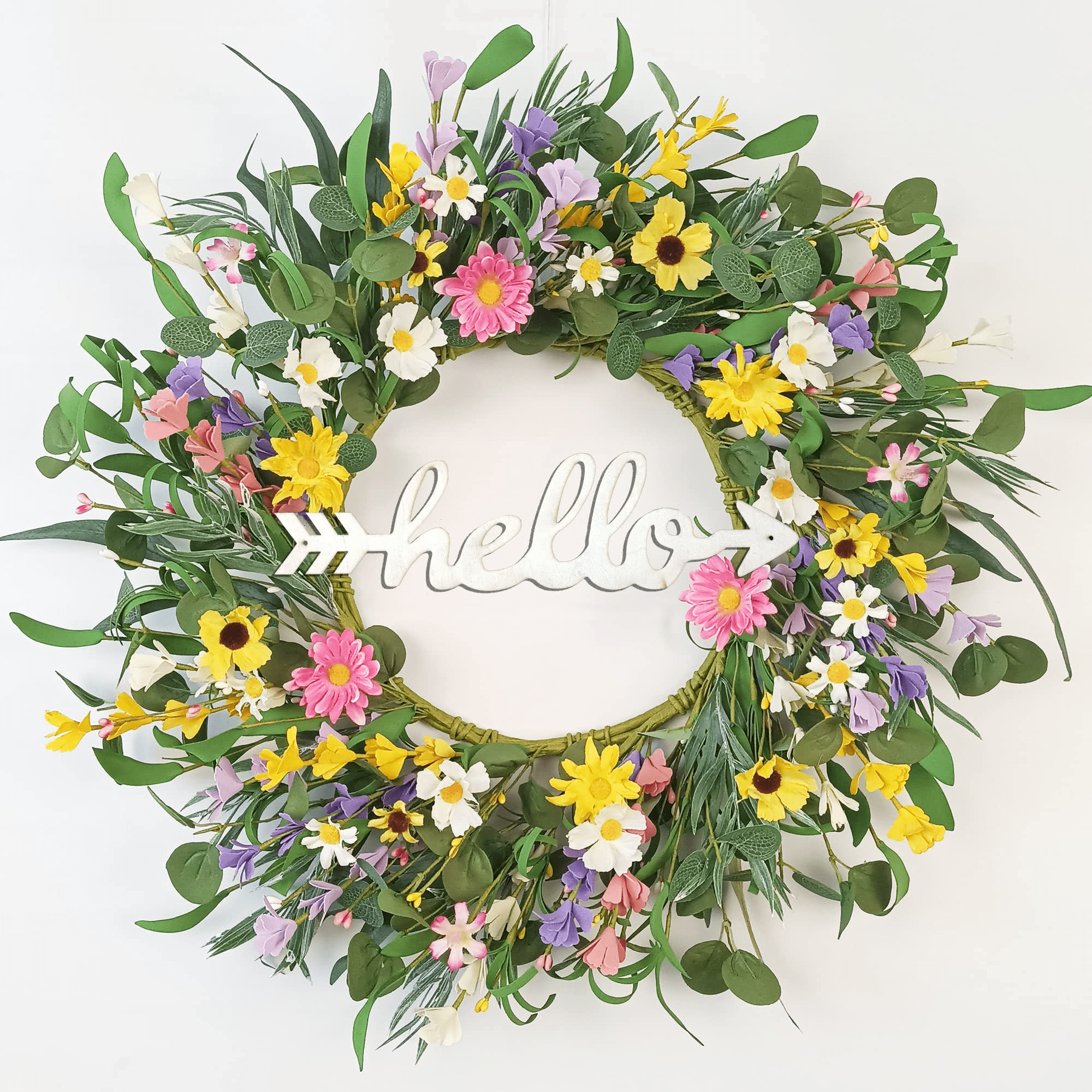 WEZEHO 22' Welcome Floral Wreath with Hello Sign & Daisies, Ideal for ...
