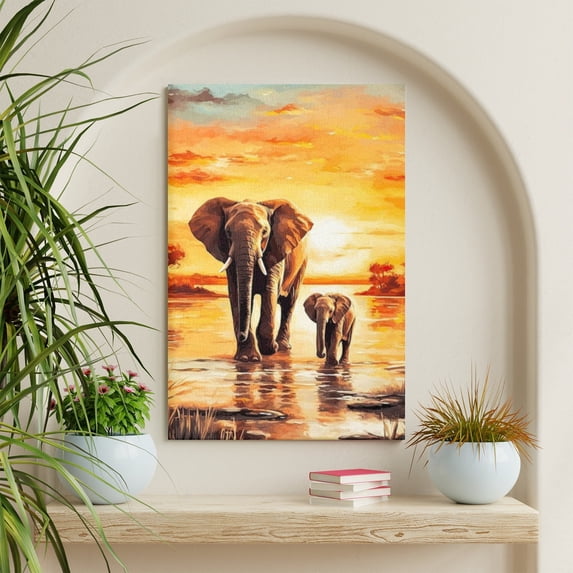WFSposter Elephant Canvas Wall Art, Sunset Elephant Oil Painting Wild ...