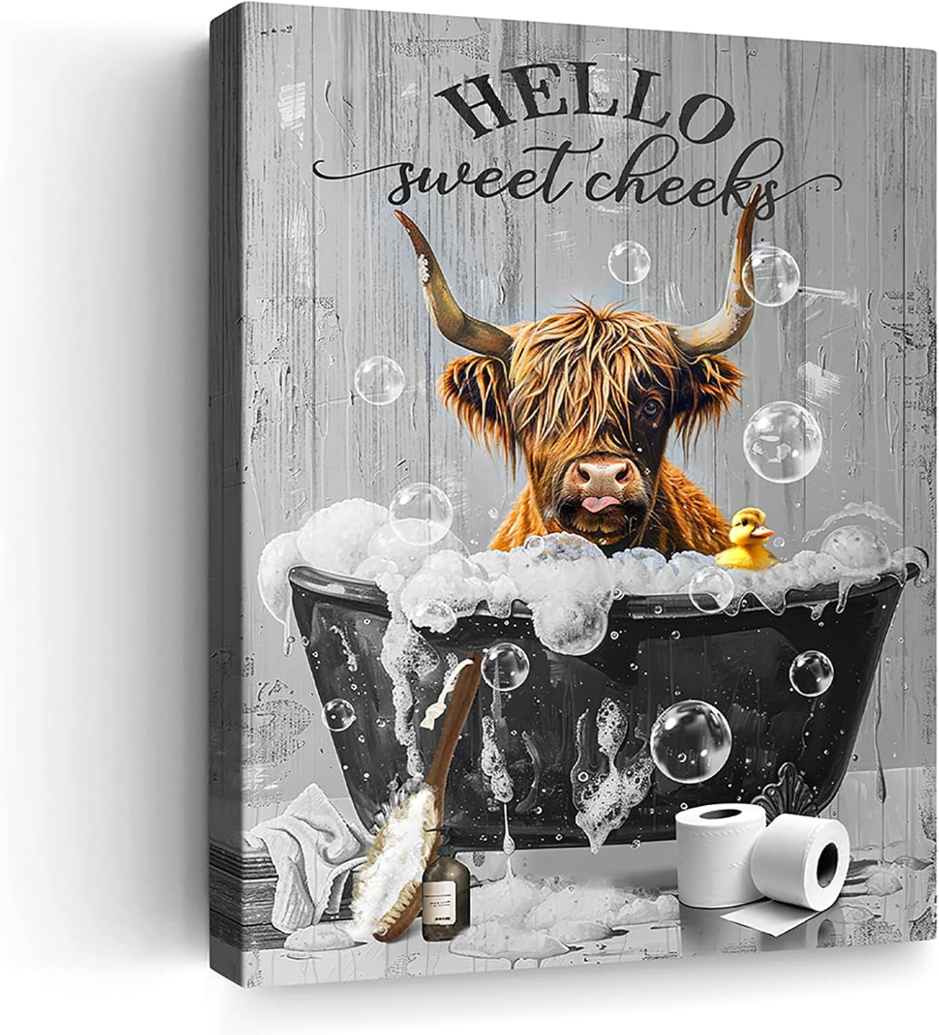 WFSposter Farmhouse Higland Cow In Bathtub Hello Sweet Cheeks Wall Art ...
