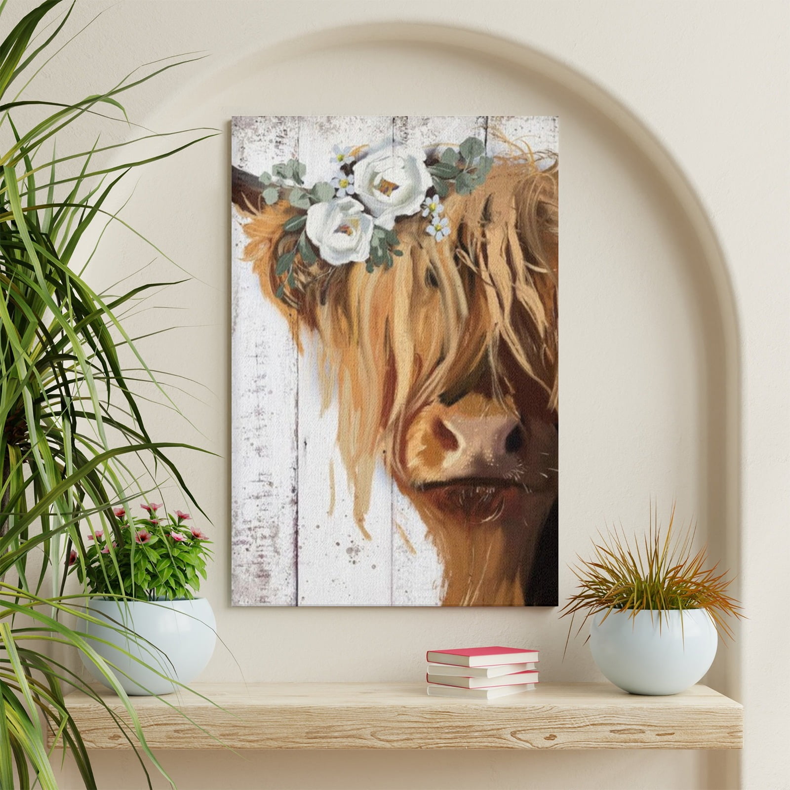 WFSposter Highland Cow Canvas Wall Art: Cow with White Flower Picture ...