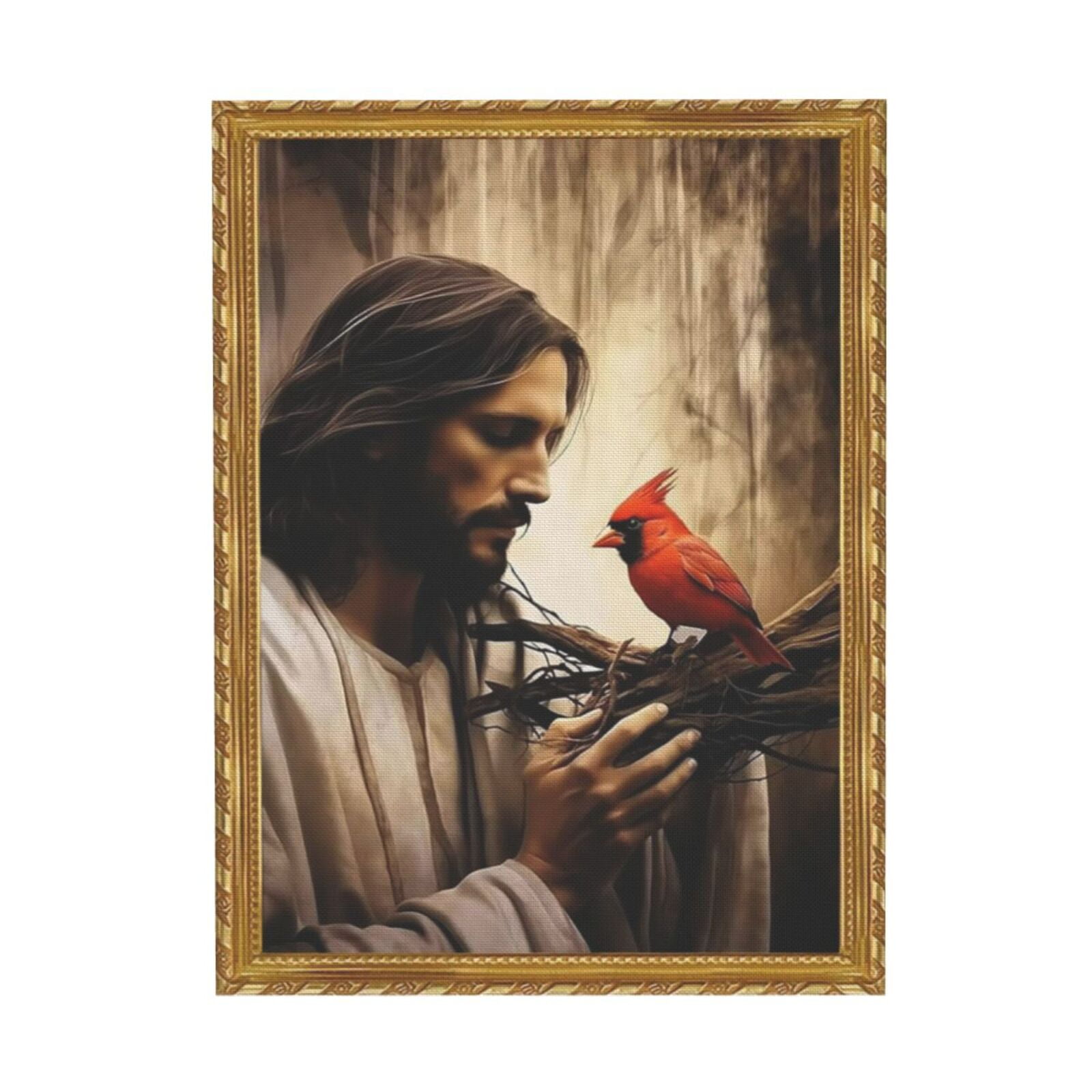 WFSposter Jesus Canvas Wall Art Jesus with Red Bird Bright Red Picture ...