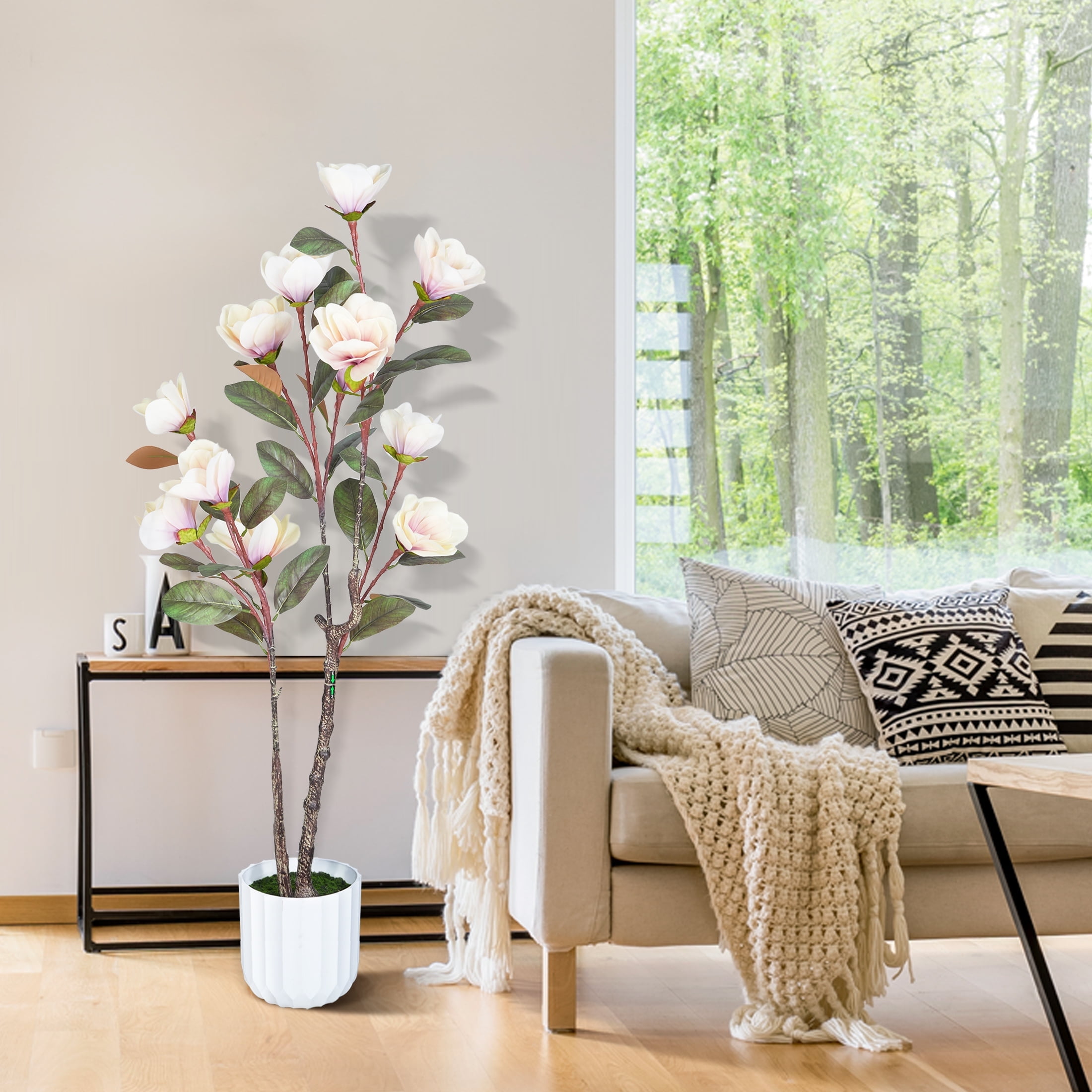 WFUN 4FT Artificial Magnolia Tree, Faux Flowering Beige Plant for ...