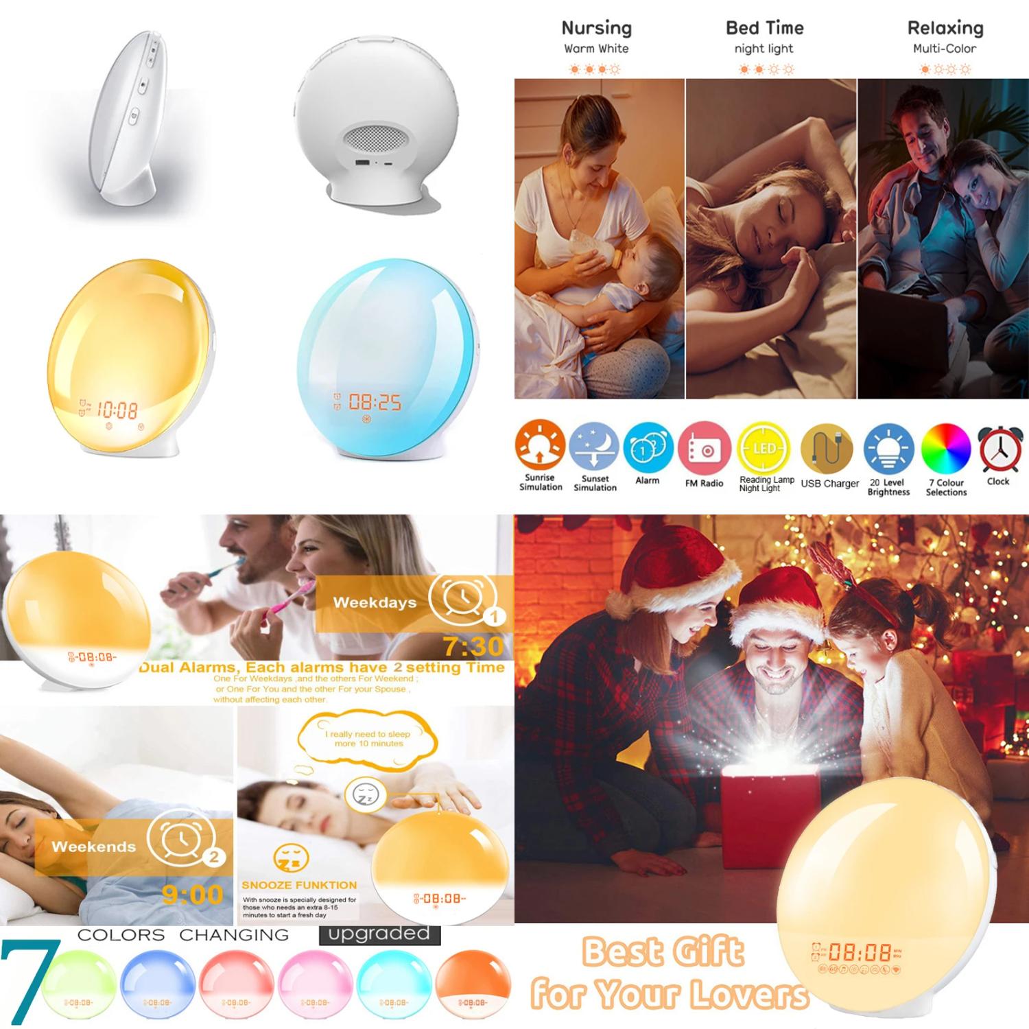 WFUPENG Sunrise/Sunset Simulation Wake Light Alarm Clock with Dual Alarms FM Radio Nightlight 7 ...