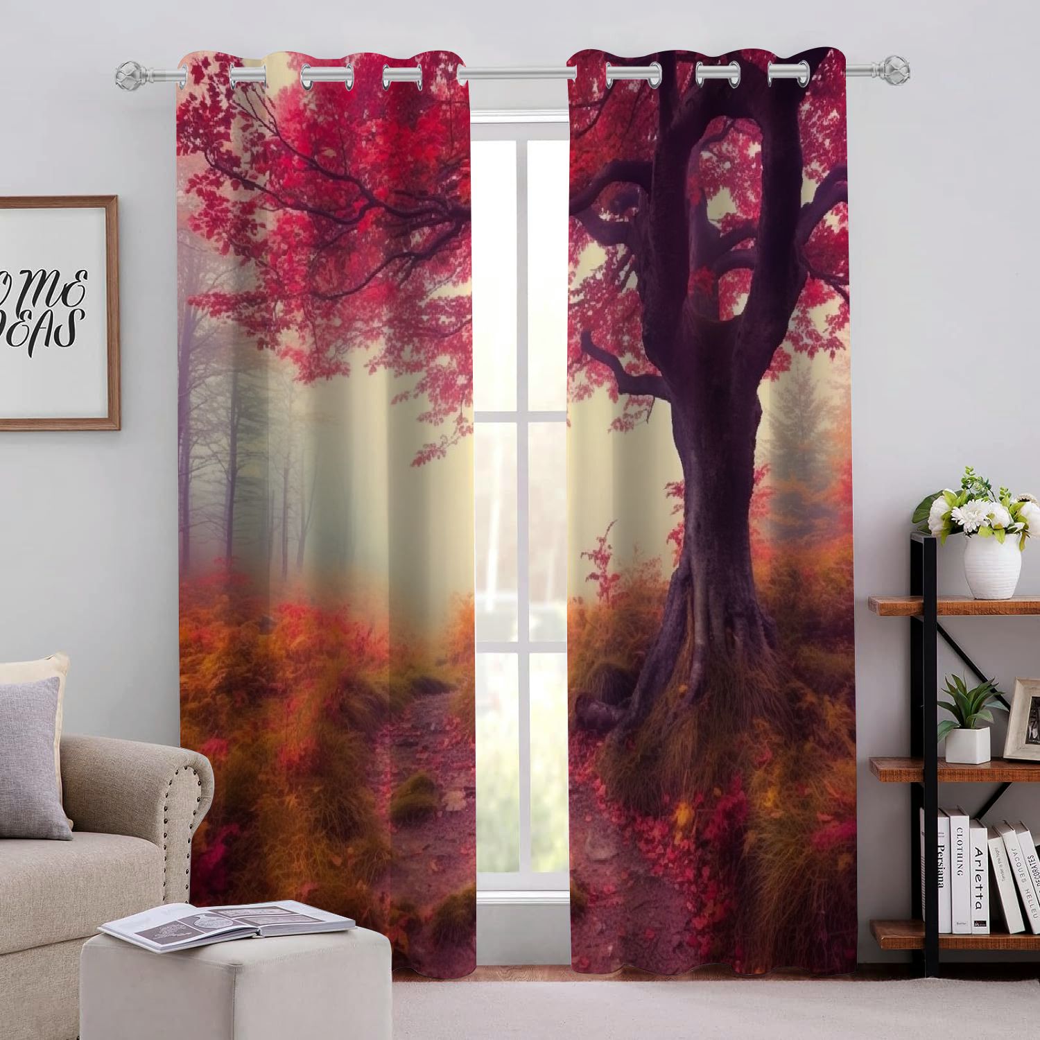 WGOD Red Leaves Perforated Light Blocking Curtains 2-Pack Oxford Fabric ...