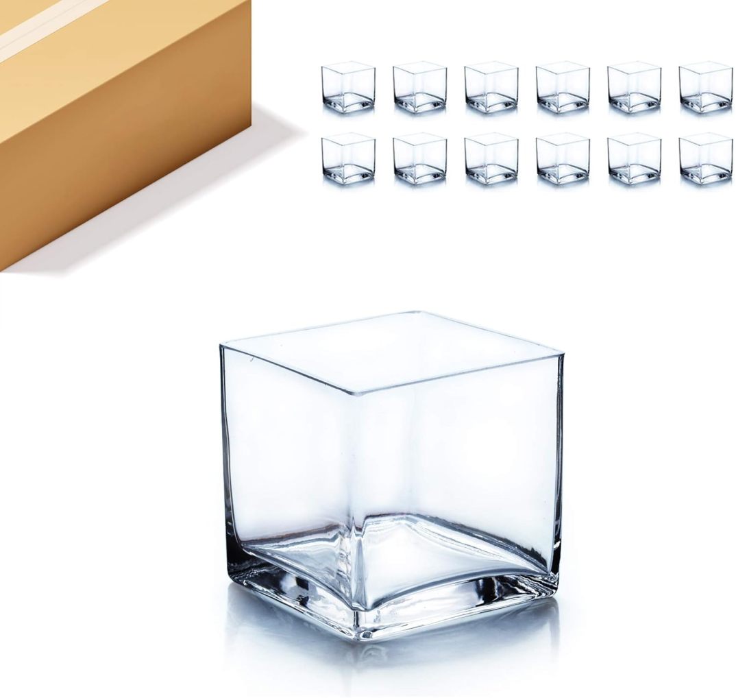 WGV Cube Glass Vase Bulk, Candle Holder, 5"x5"x5", Clear Elegant Floral ...