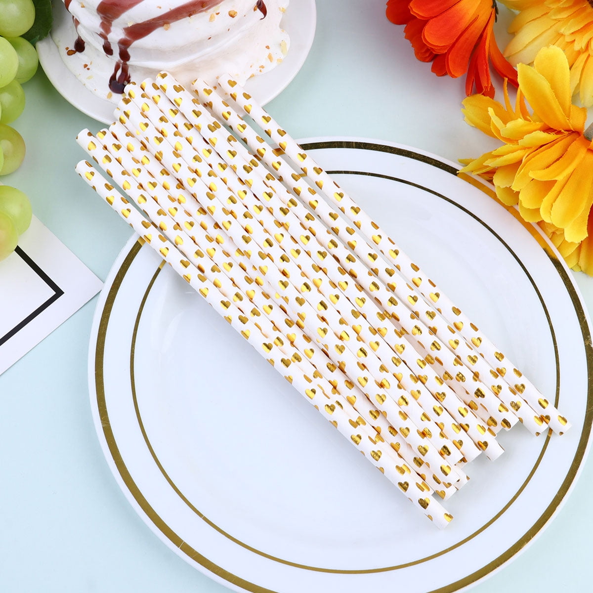 WHAMVOX 100pcs Paper Straws Gold Stamping Heart Printing Drinking Straw ...