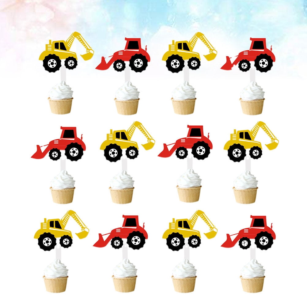 WHAMVOX 24pcs Construction Truck Excavator Theme Cake Toppers Paper ...