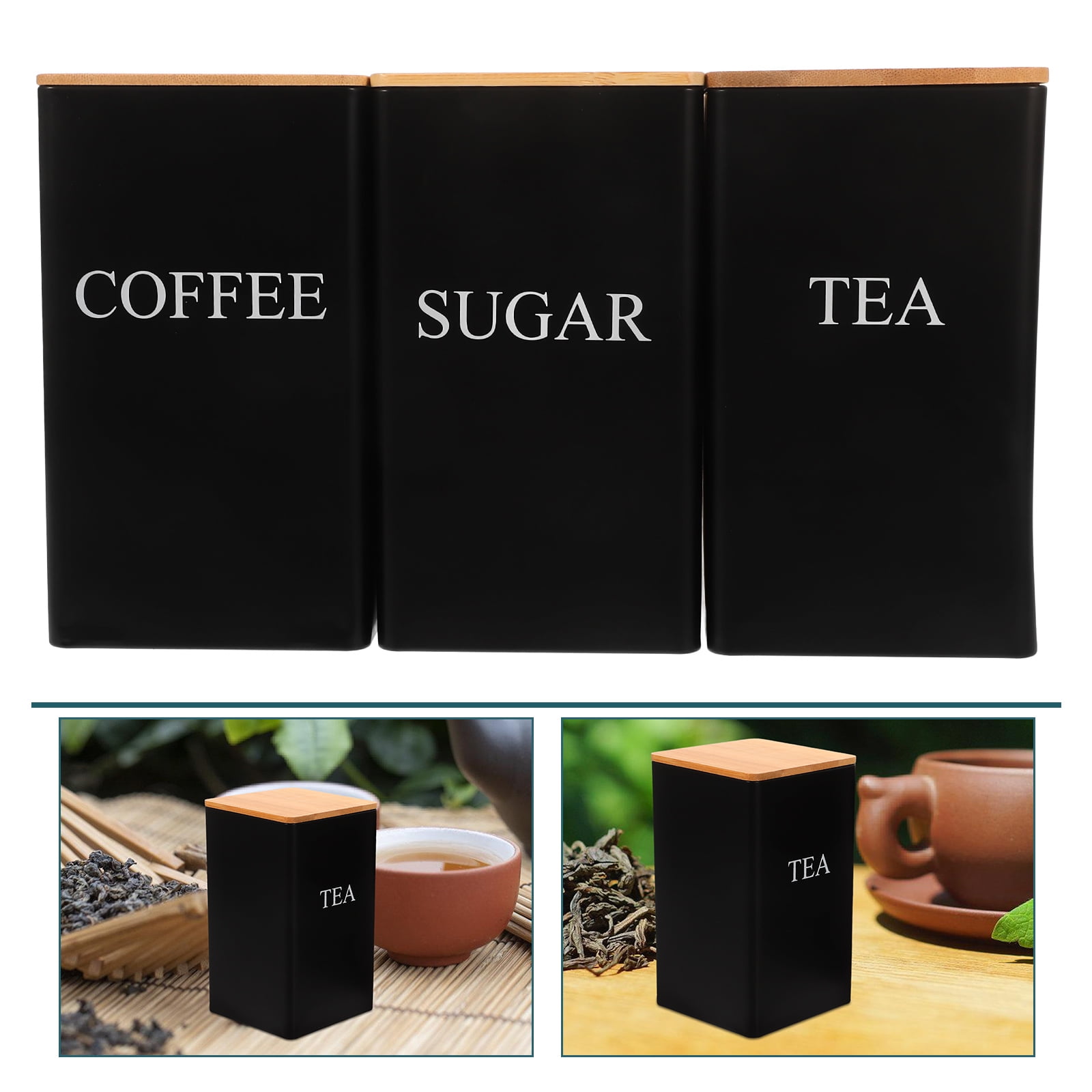 SEWCHICS Coffee Bean Jar Metal Storage Container Black Iron 3Pcs ...