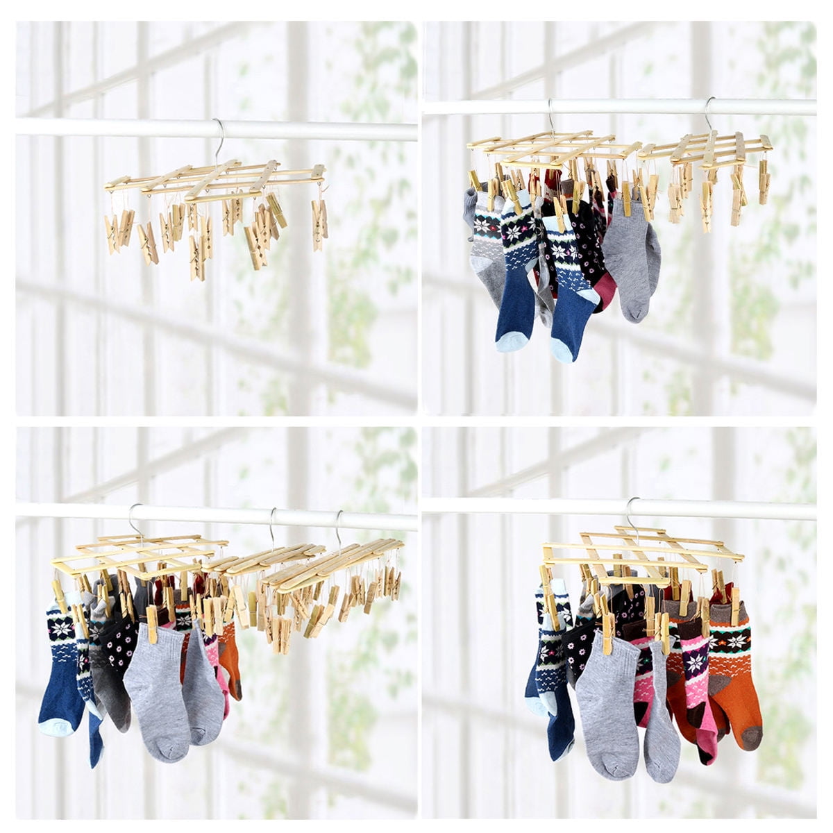 WHAMVOX Bamboo Sock Drying Rack with Swivel Hooks for Hanging Clothes ...