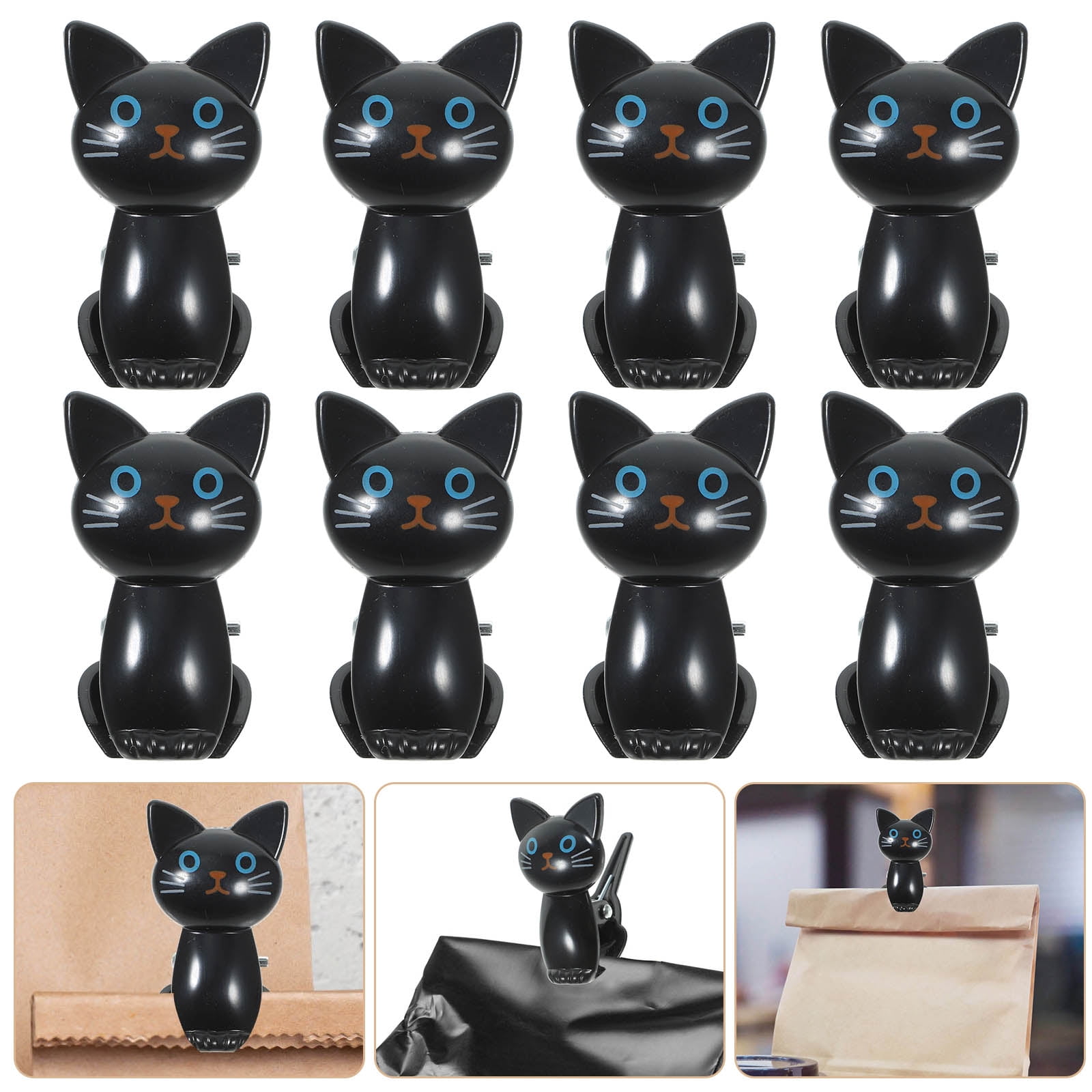 WHAMVOX Cute Cat Chip Bag Clips 8pcs Black Plastic Sealing Clips for ...