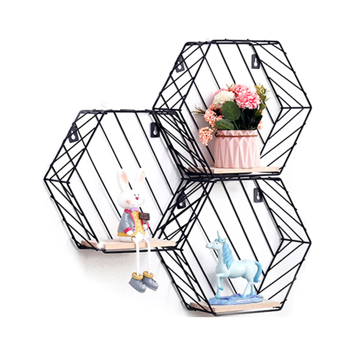 WHAMVOX Metal Iron and Wooden Wall Mounted Floating Shelves Hexagon ...