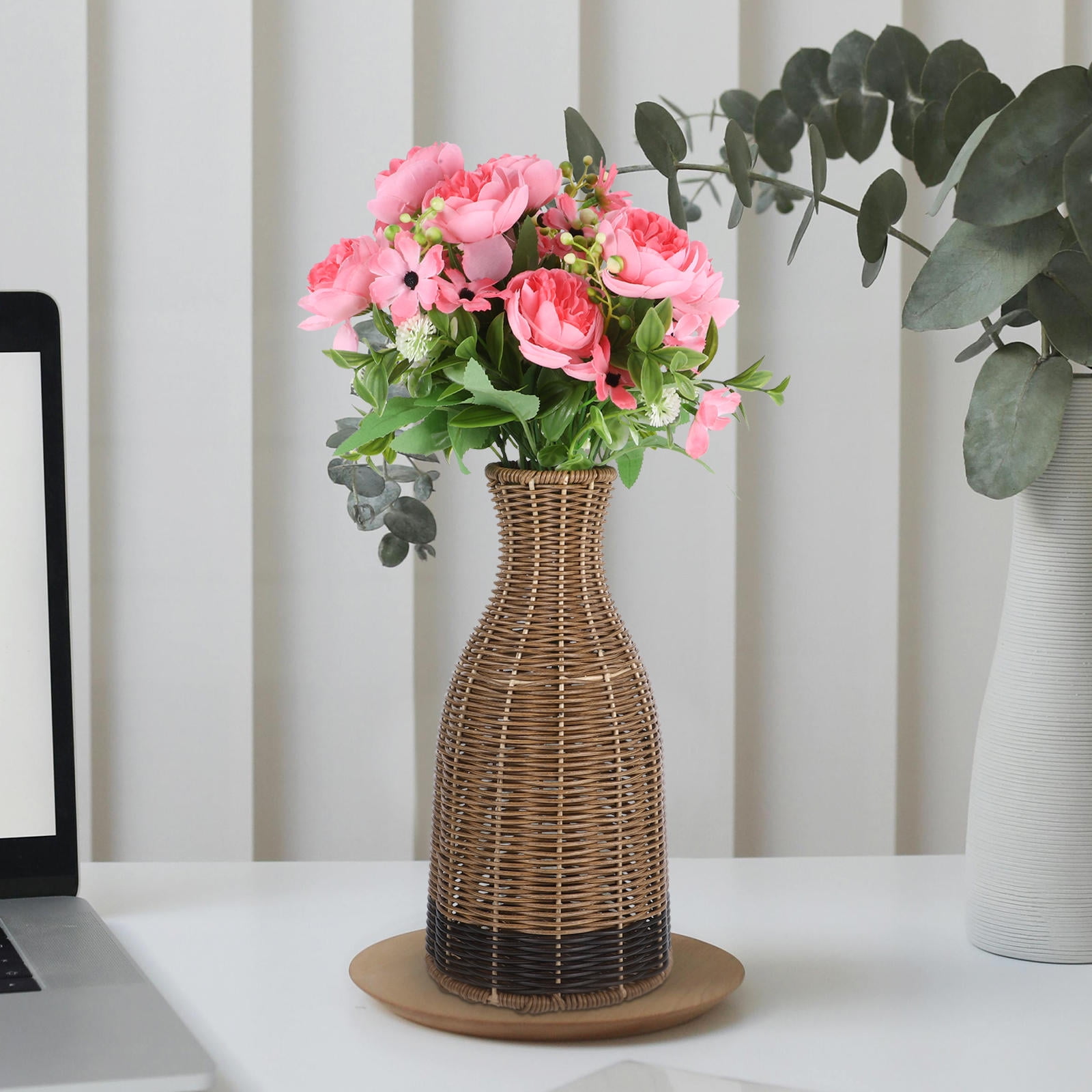 WHAMVOX Rustic Flower Basket Flowers Vase Office Plastic Rattan Weaving ...